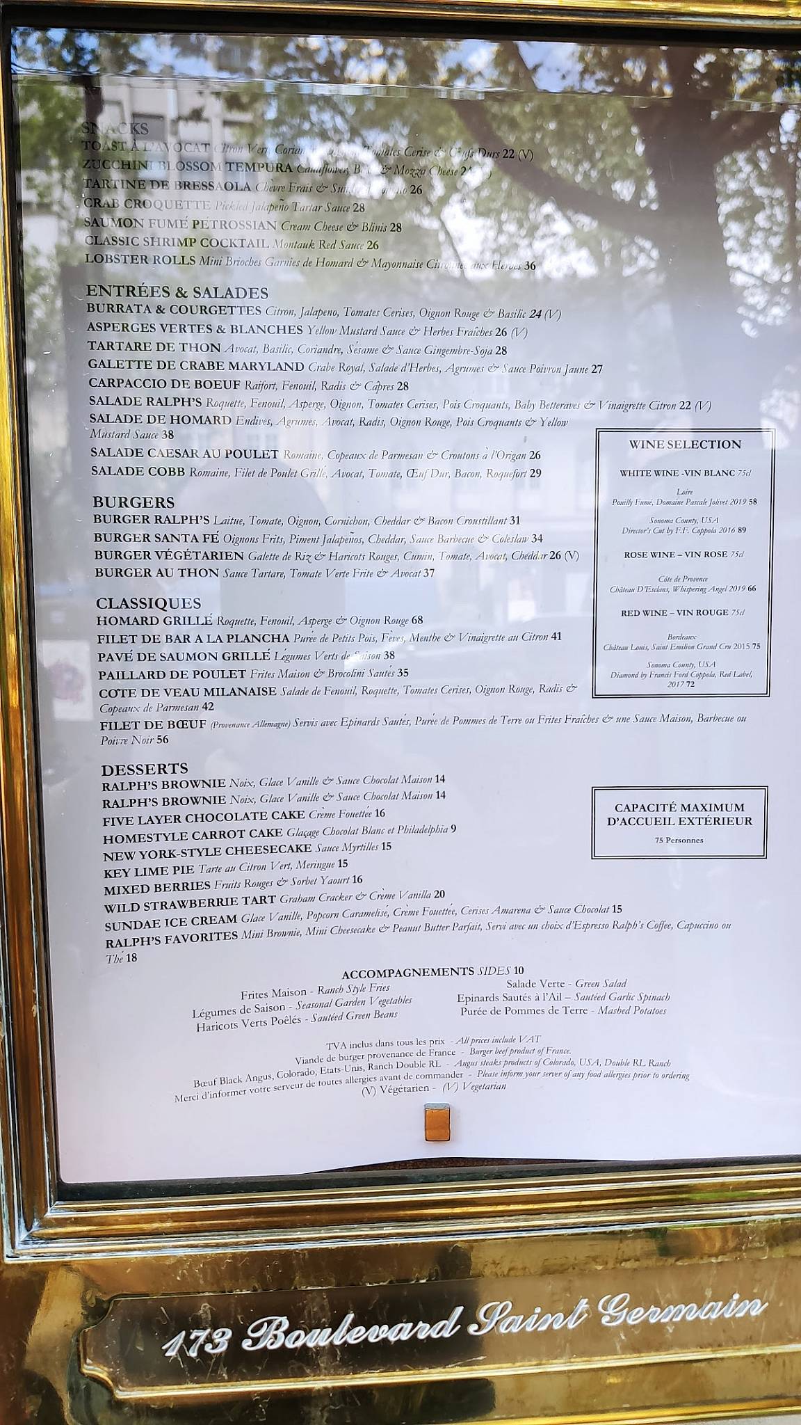 Menu au Ralph's Restaurant, Paris