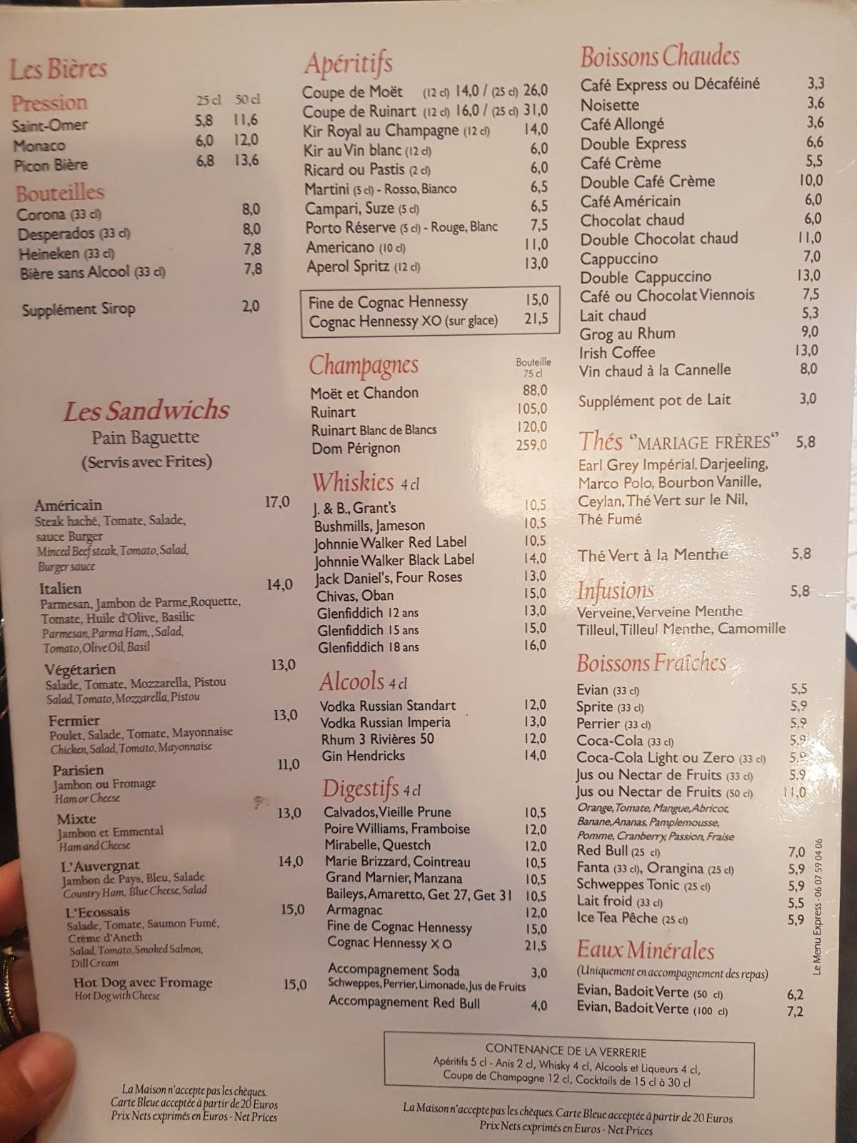 Carta de Restaurant Chez Ribe, Paris