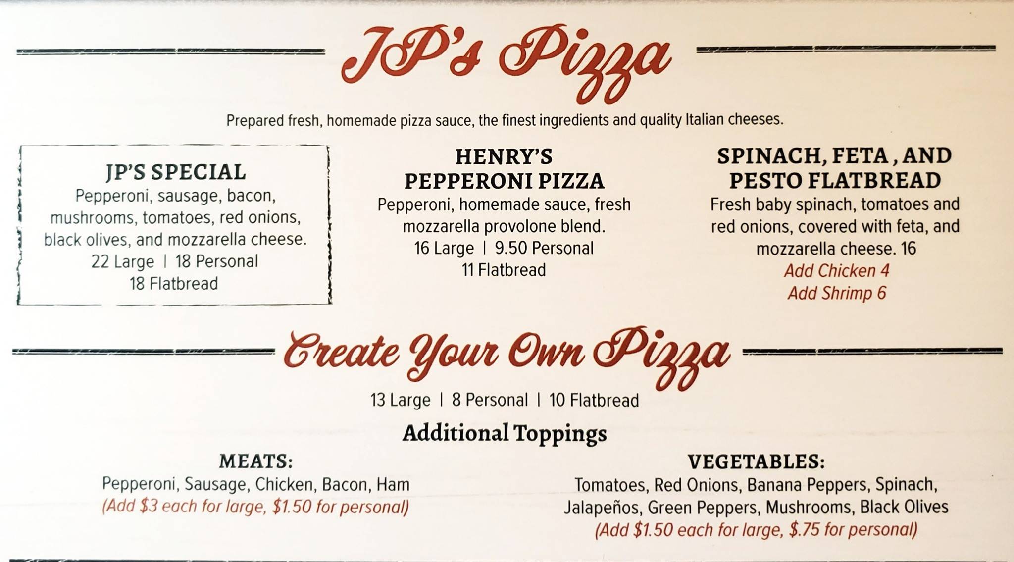 Menu at J.P. Henry's Restaurant, Parkersburg