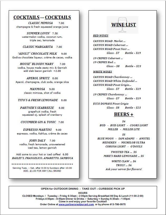 Menu at Partners Restaurant & Catering, Agawam