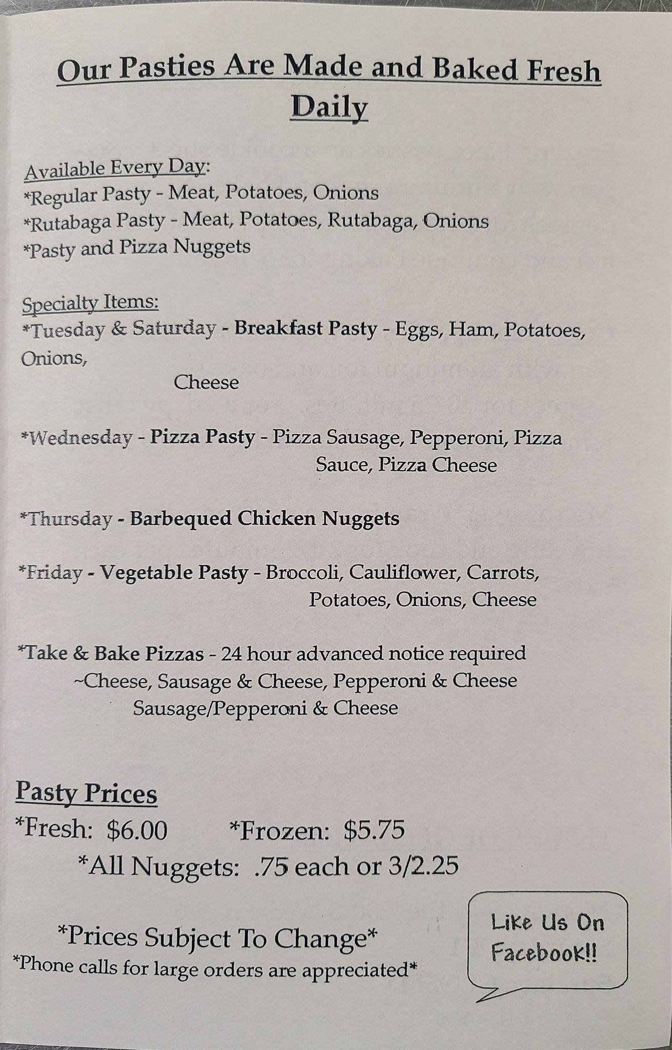 Menu at Pasty Corner restaurant, Iron River