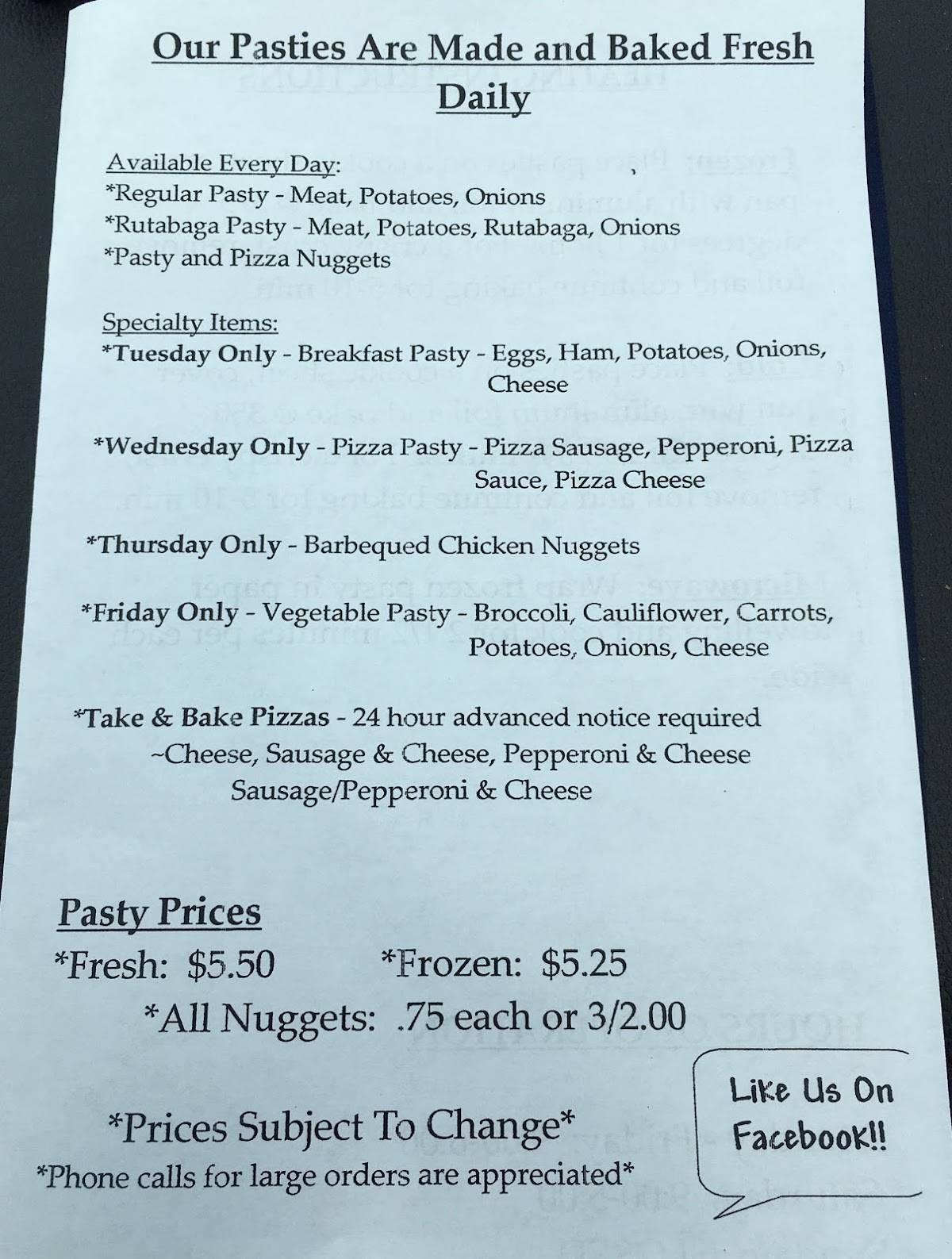 Menu at Pasty Corner restaurant, Iron River