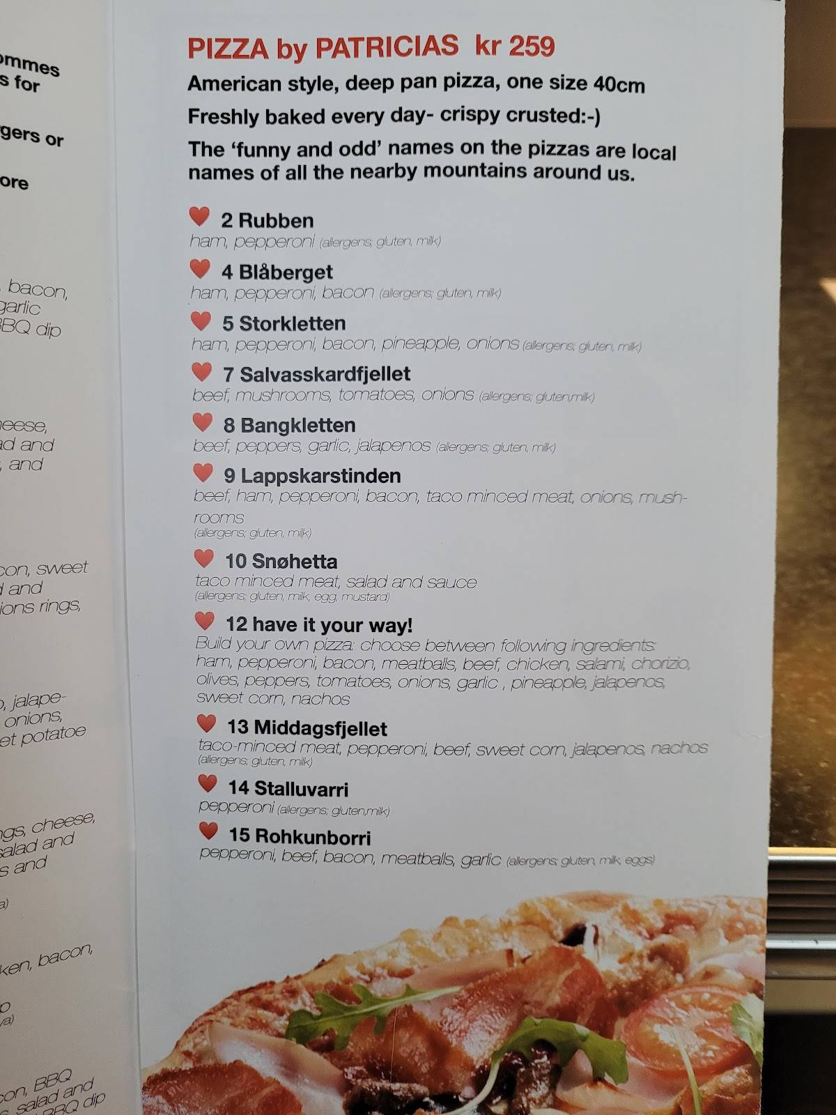Menu at Patricia's Gatekjøkken pizzeria, Setermoen