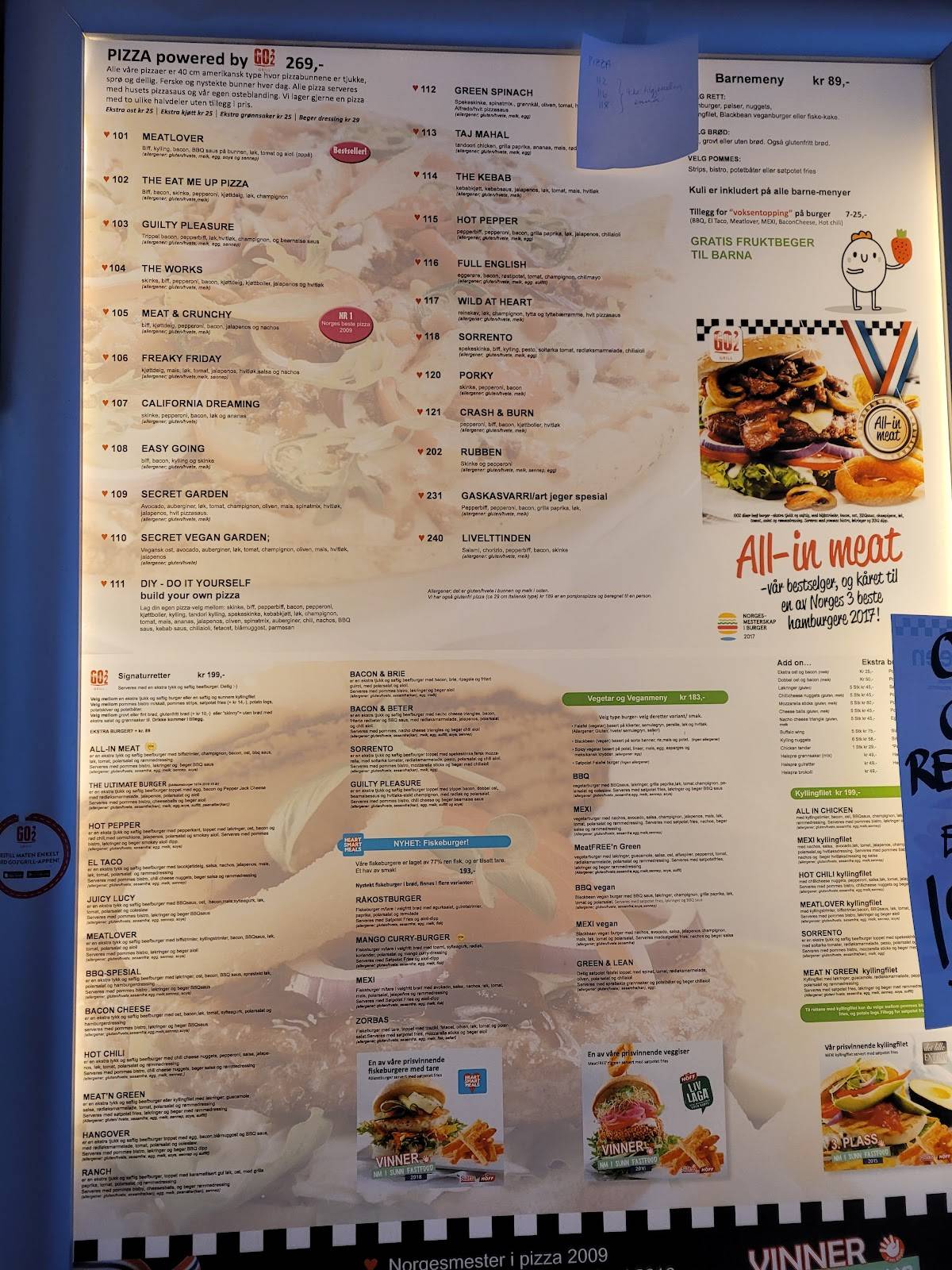 Menu at Patricia's Gatekjøkken pizzeria, Setermoen