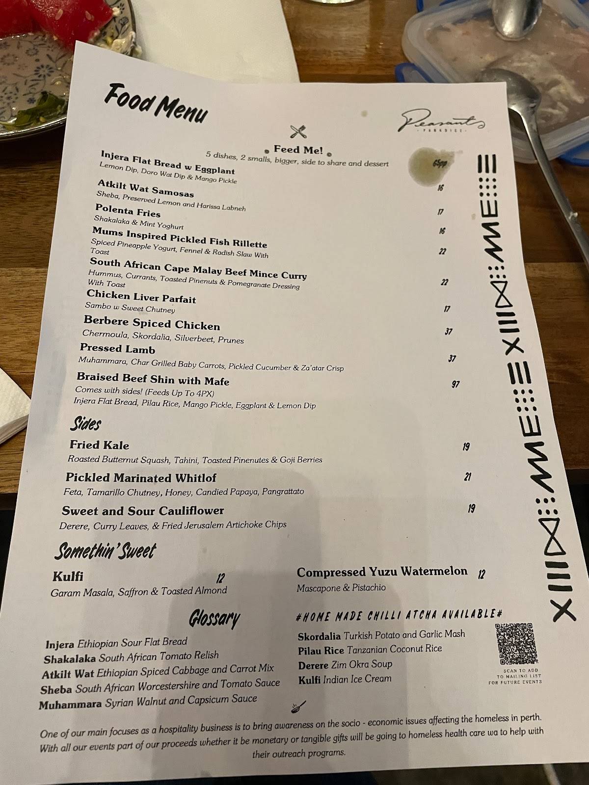 Menu at Peasants Paradice restaurant, Perth