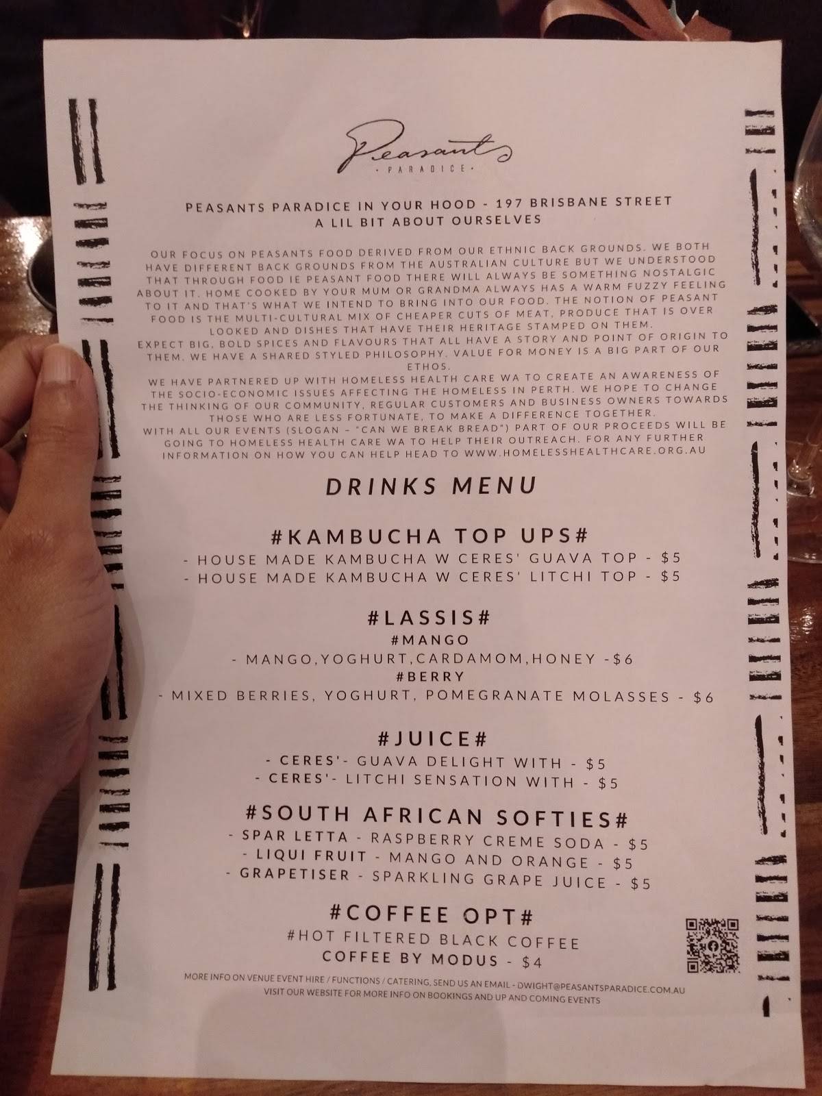 Menu at Peasants Paradice restaurant, Perth