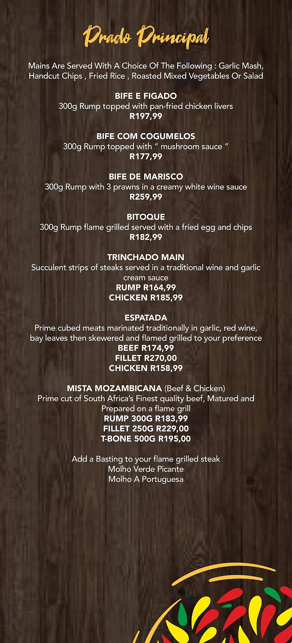 Menu at Pemba Mozambican Restaurant, Hartbeespoort