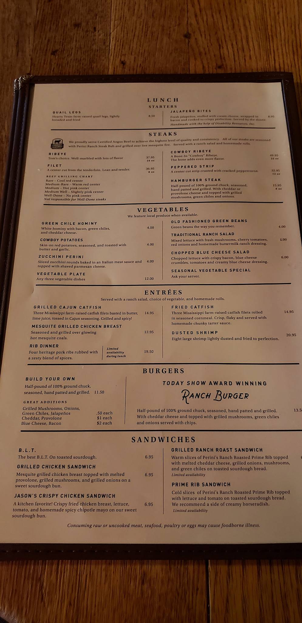 Menu at Perini Ranch Steakhouse, Buffalo Gap