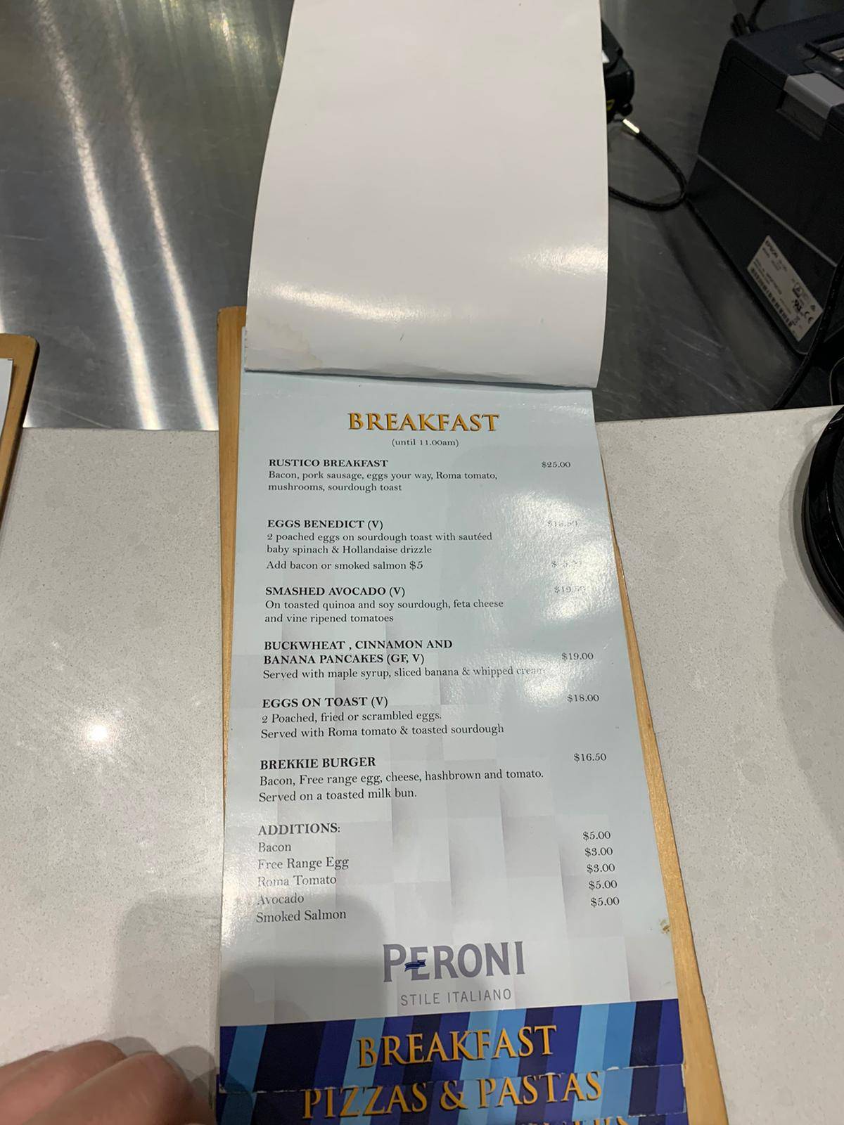 Menu at Peroni Bar, Mascot, Departure Plaza