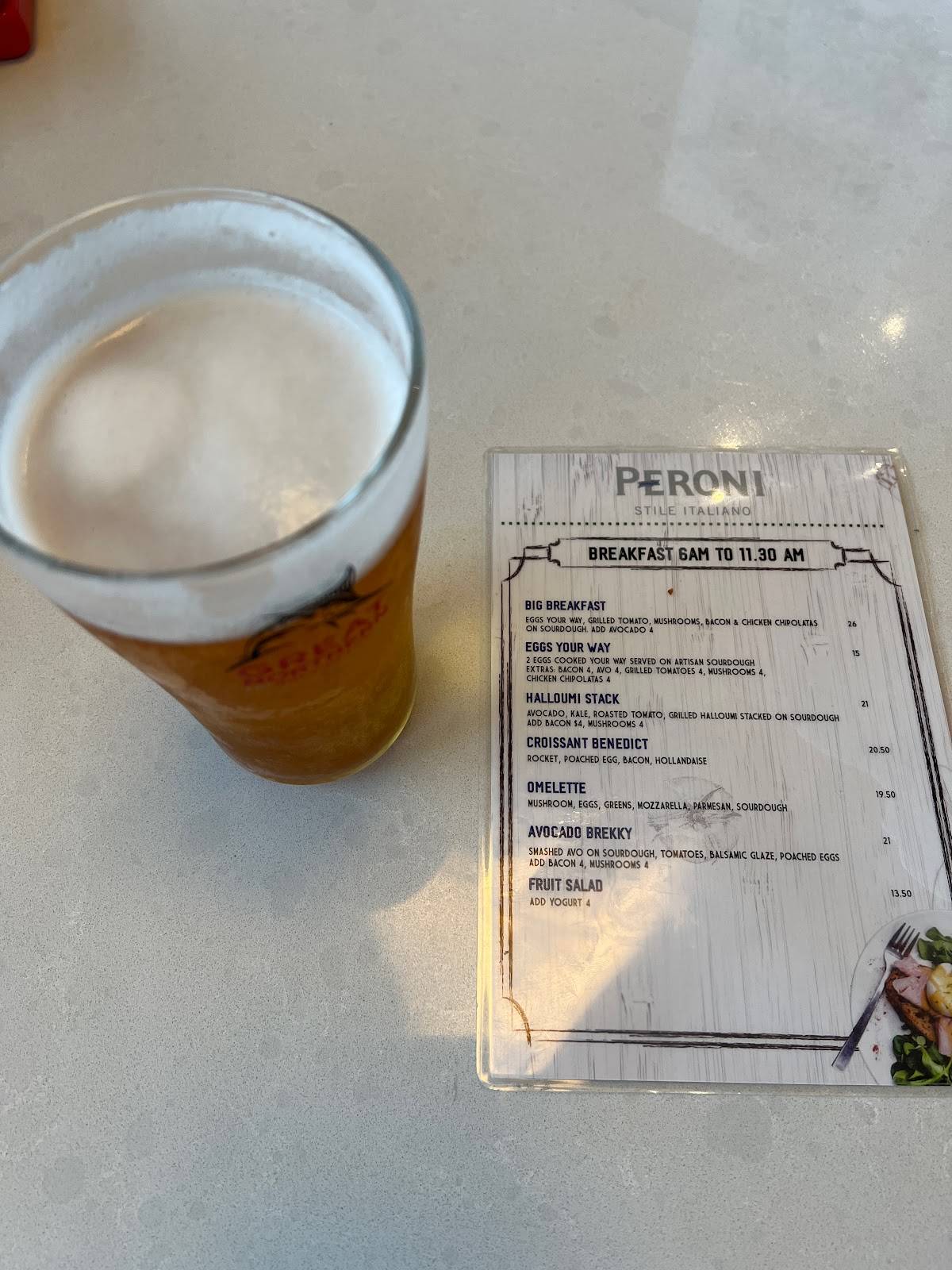 Menu at Peroni Bar, Mascot, Departure Plaza