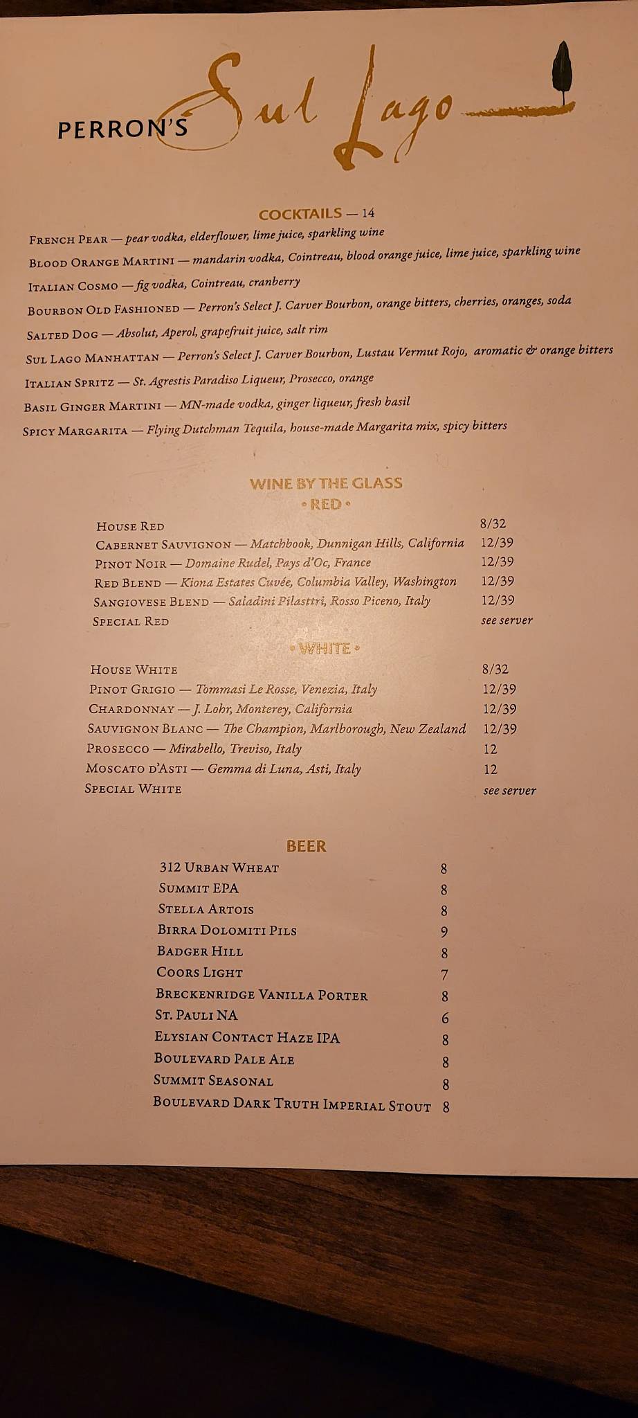 Menu at Perron's Sul Lago pub & bar, Prior Lake