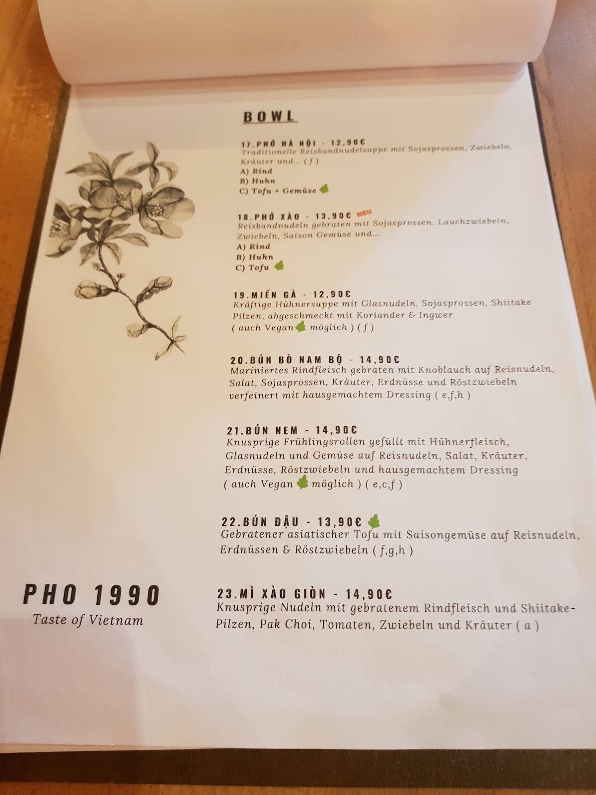 Menu at Pho 1990 restaurant, Kiel