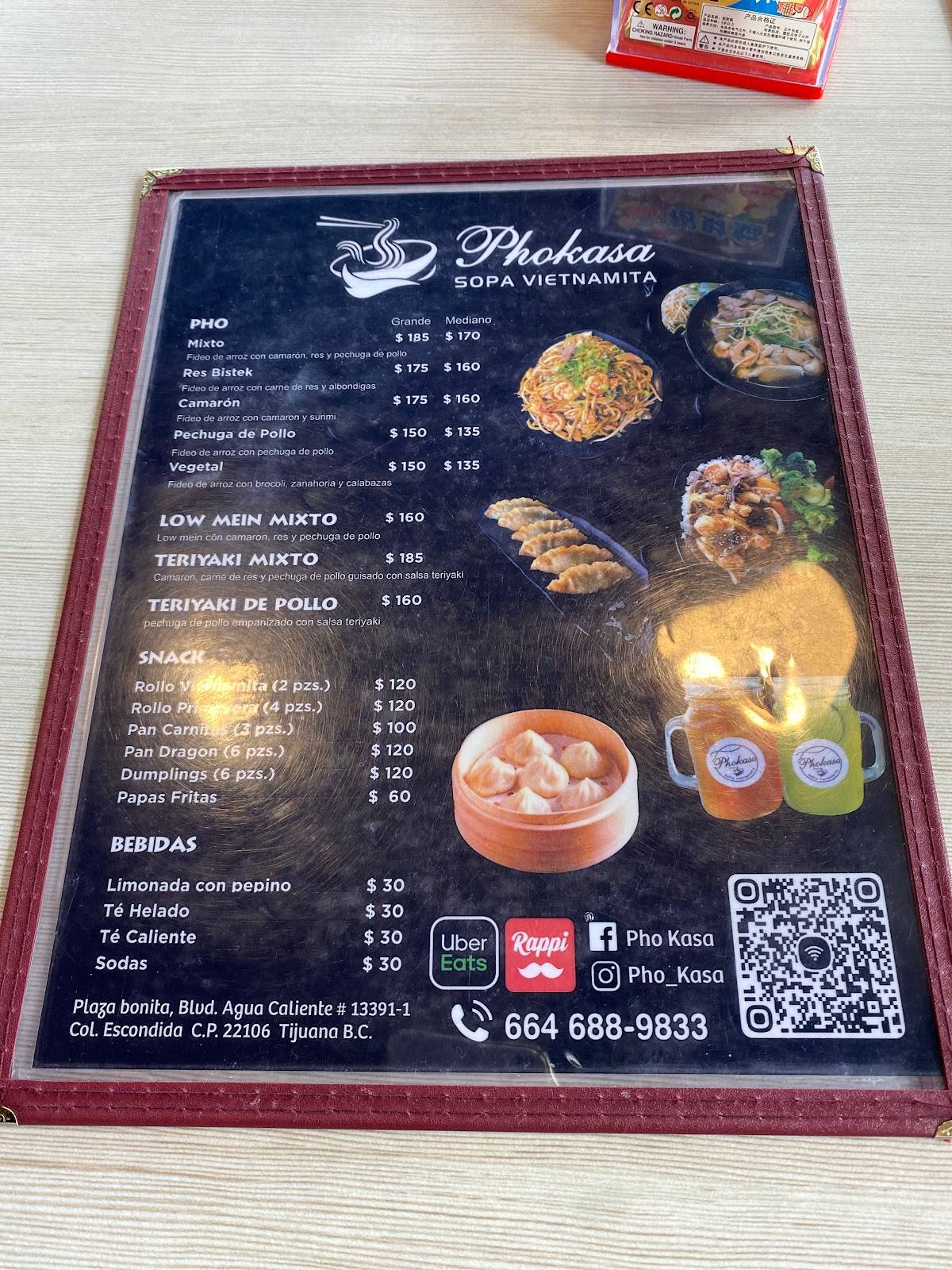 Carta del restaurante Pho Kasa, Tijuana