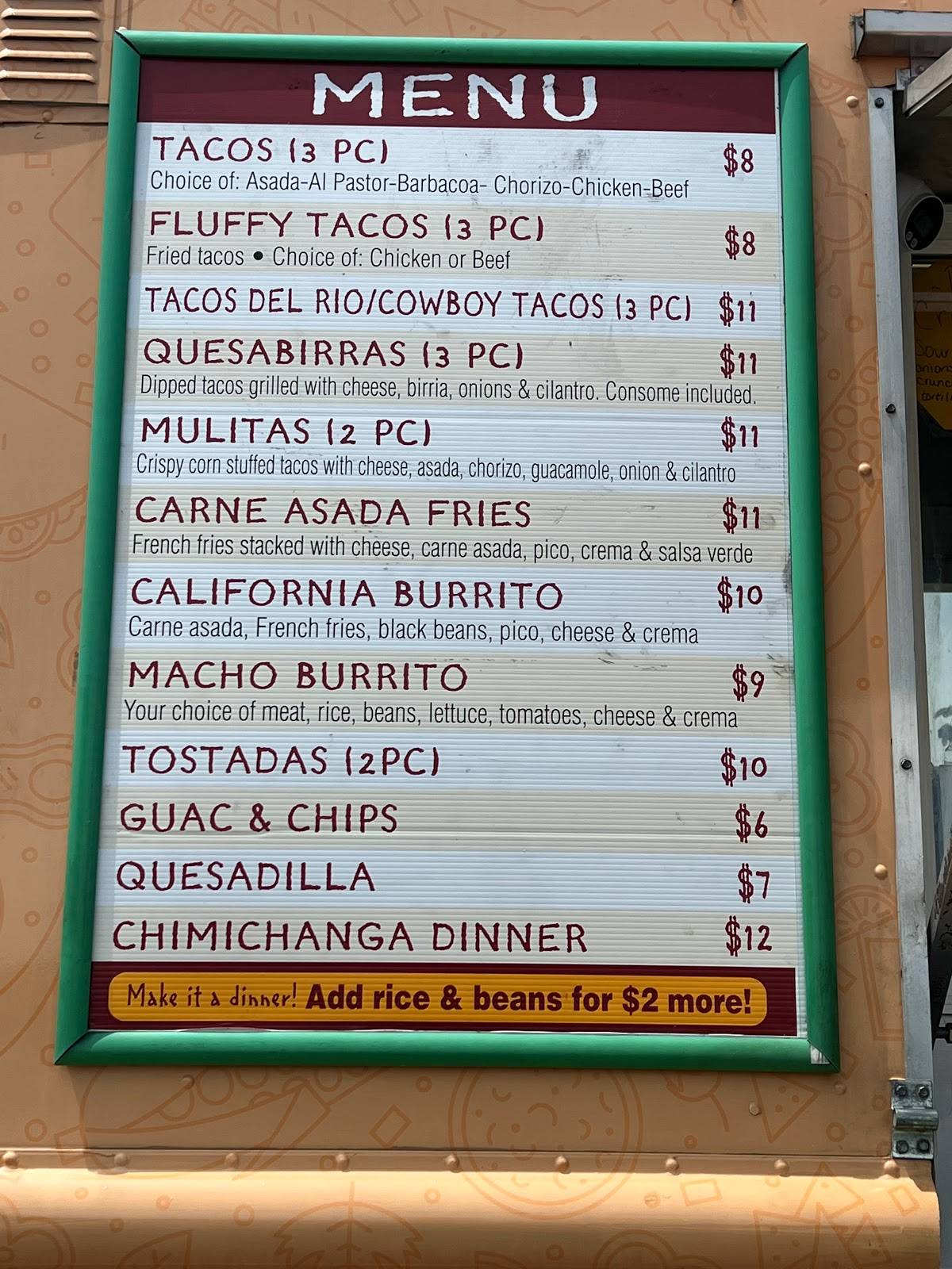 Menu at Pico's Tacos and Cerveza restaurant, Racine