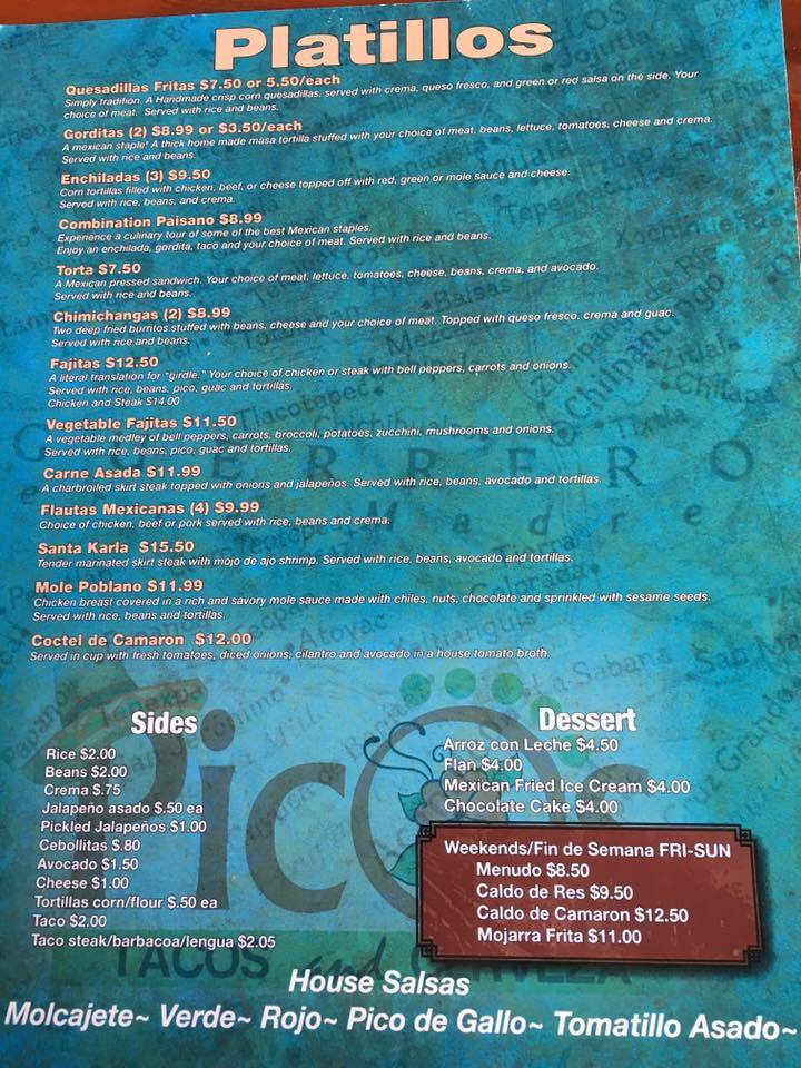 Menu at Pico's Tacos and Cerveza restaurant, Racine