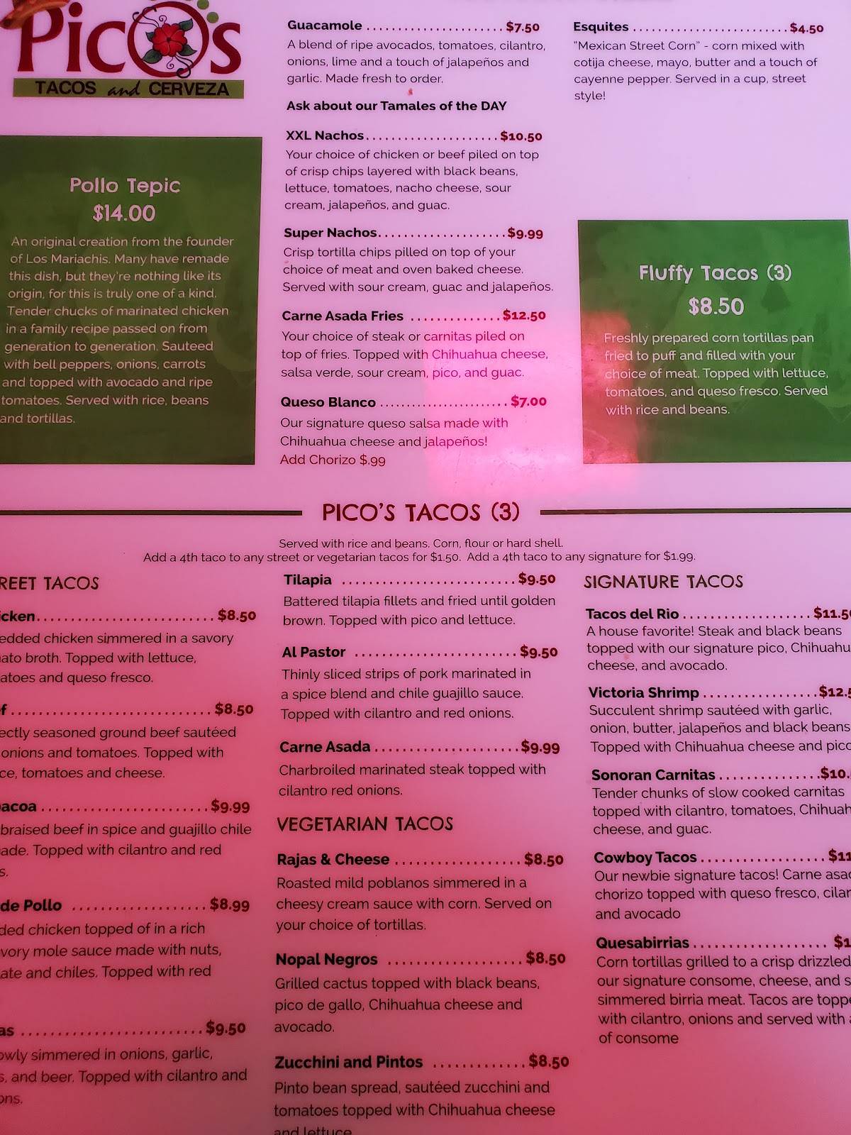 Menu at Pico's Tacos and Cerveza restaurant, Racine