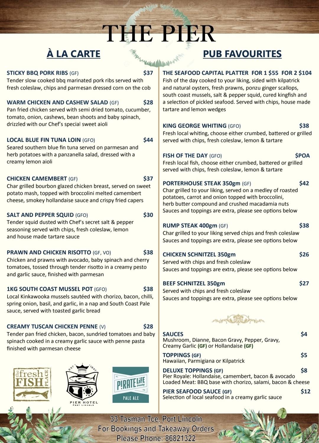 Menu at Pier Hotel pub & bar, Port Lincoln