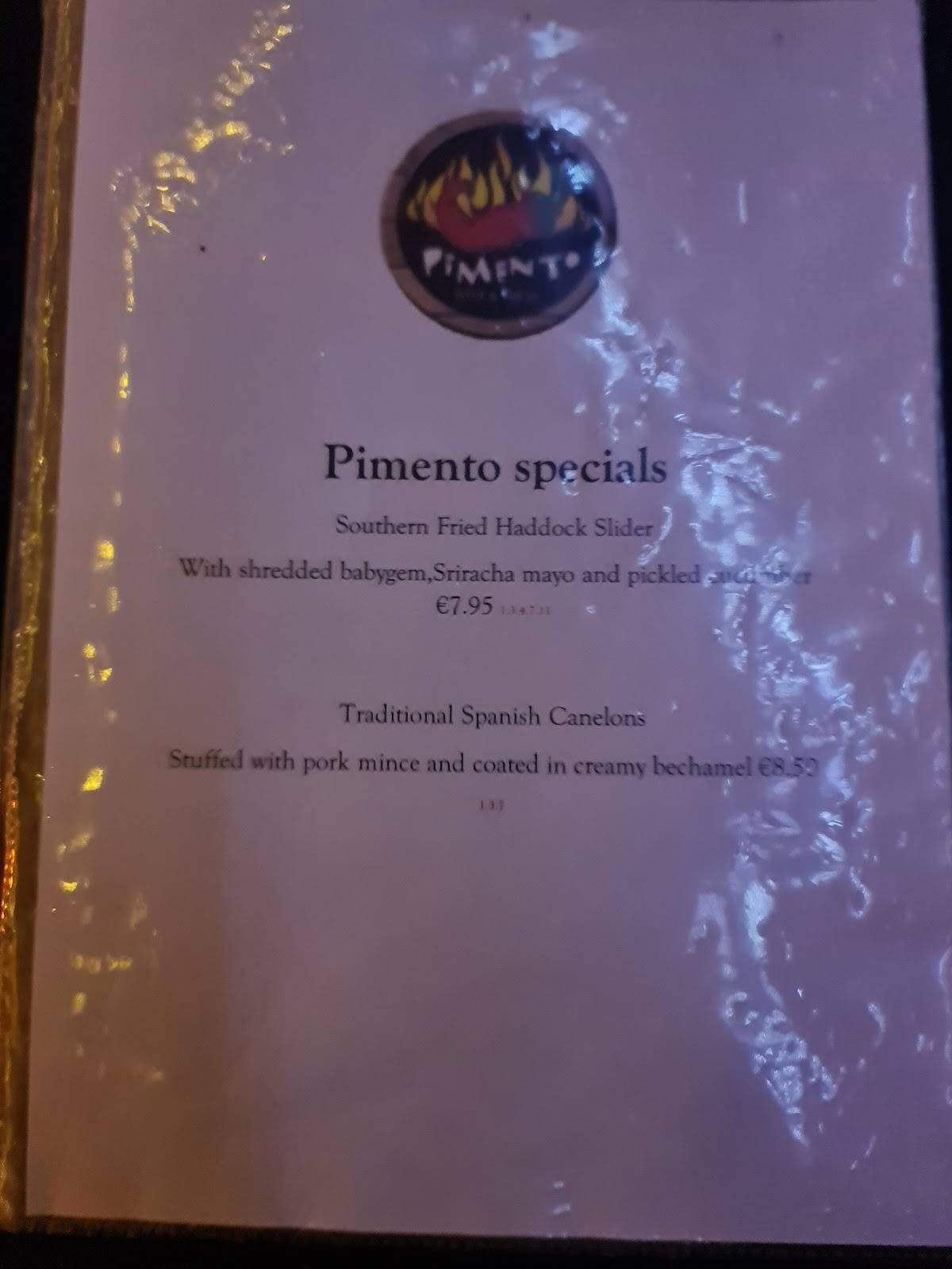 Menu at Pimento pub & bar, Carlow