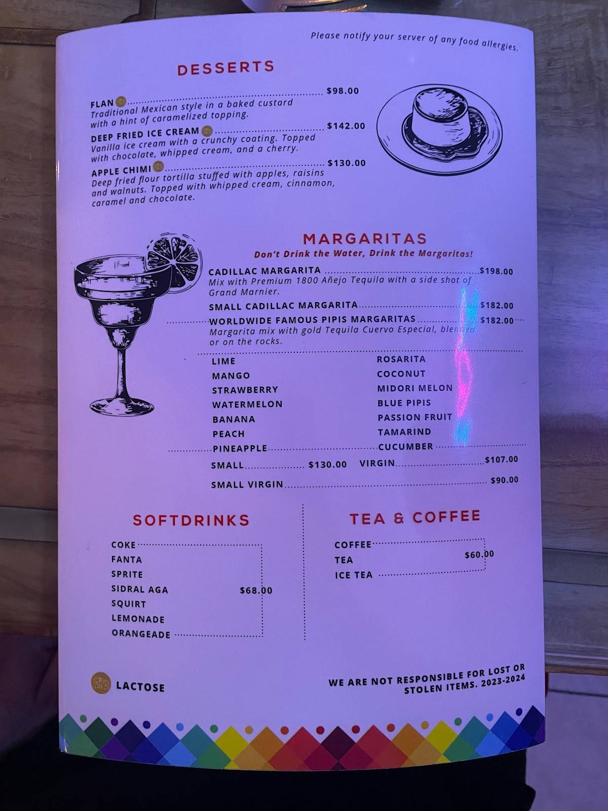 Menu at Pipis restaurant, Puerto Vallarta