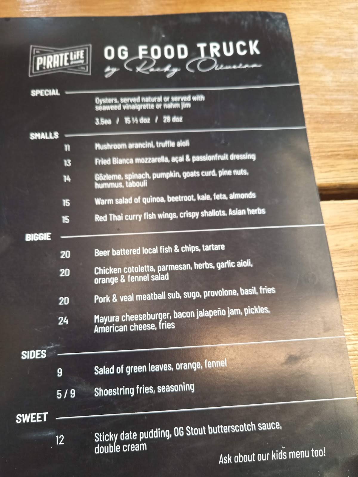 Menu at Pirate Life Brewing pub & bar, Port Adelaide