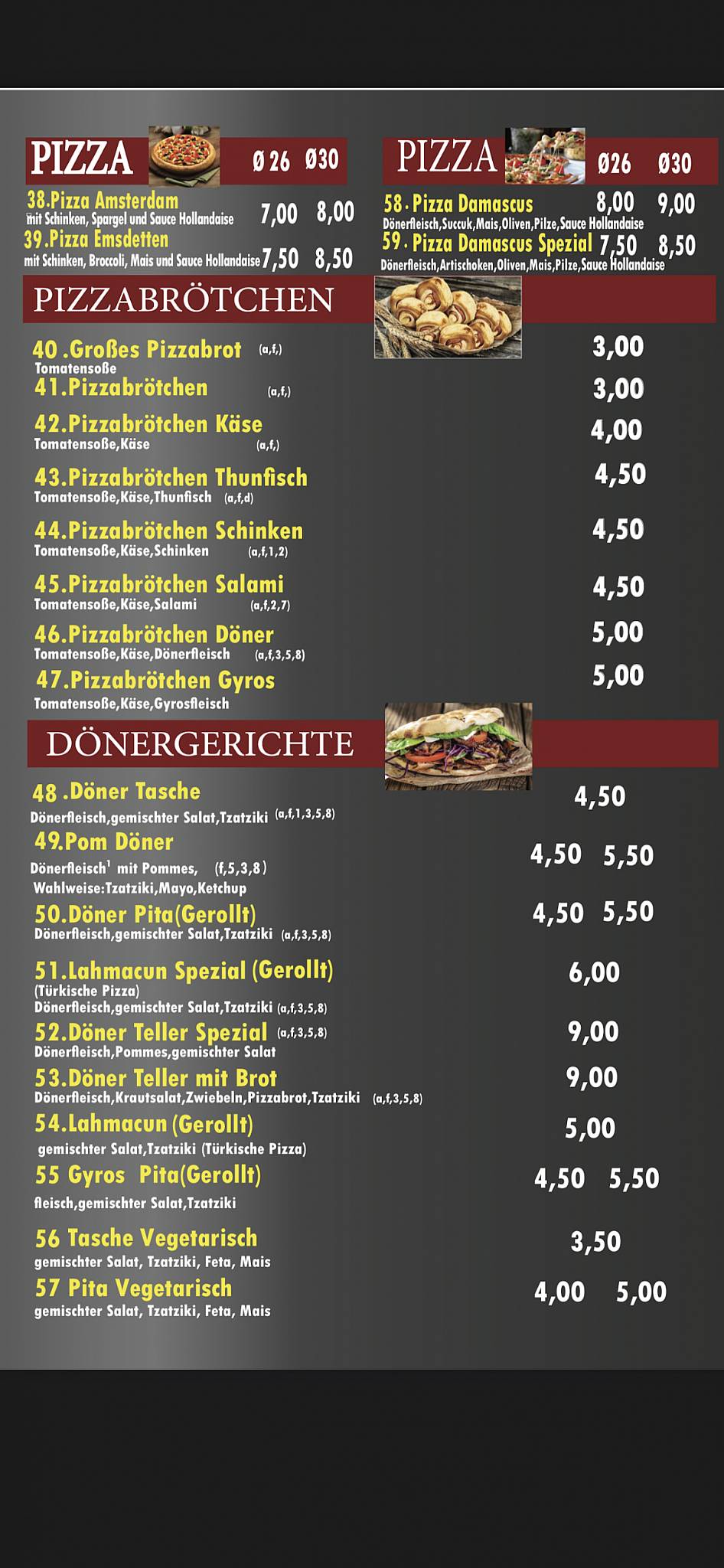 Speisekarte von Pizza Damascus, Emsdetten