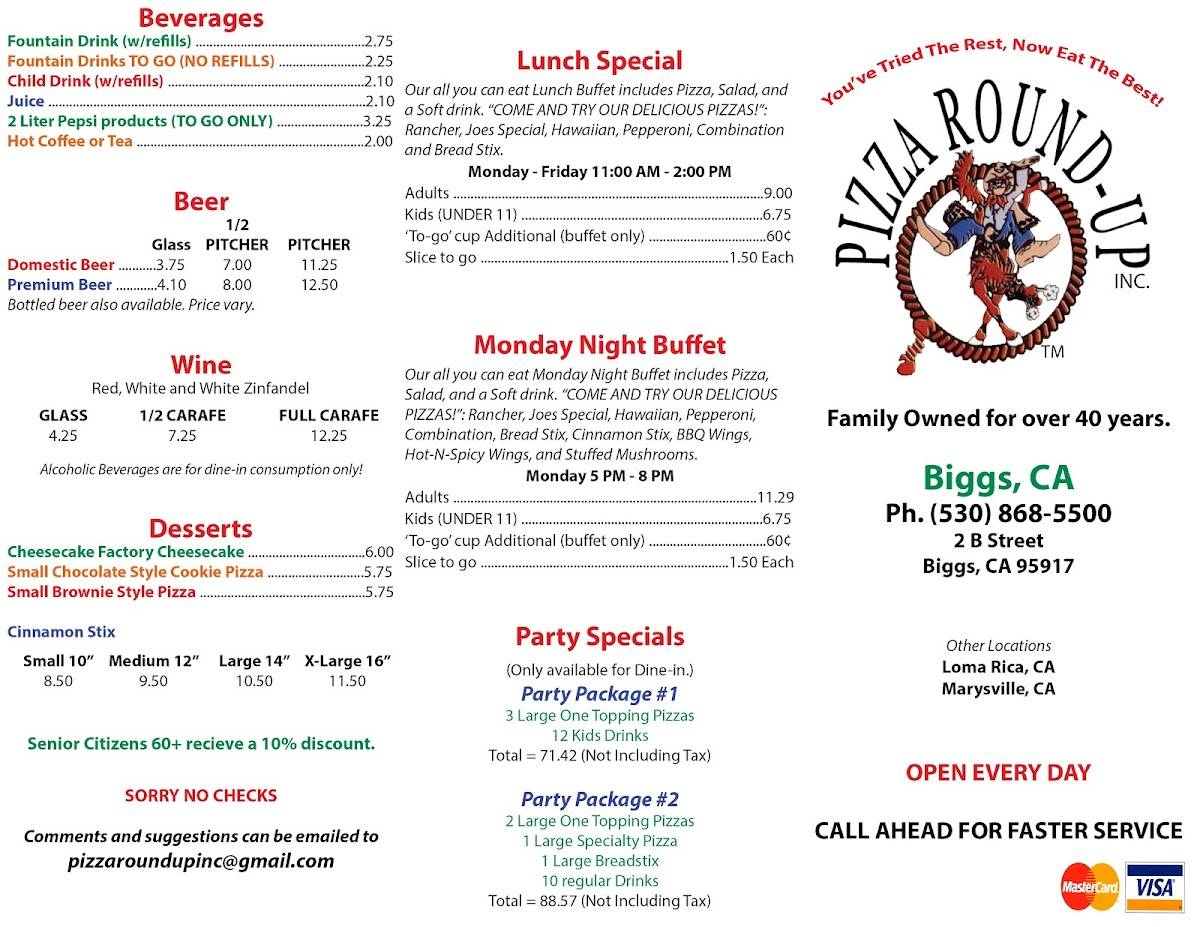 Menu at Pizza Round-up Biggs pizzeria, Biggs