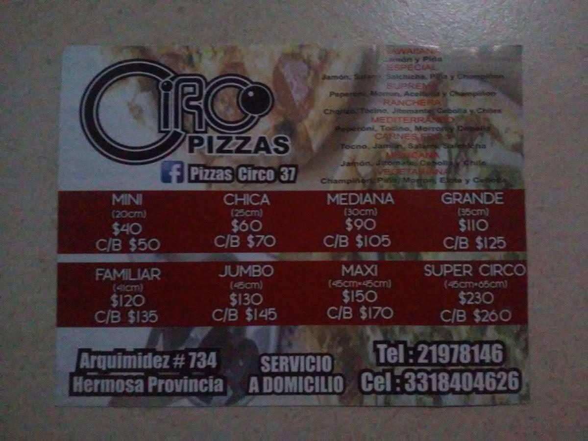 Menu at Pizzas Circo restaurant, Guadalajara