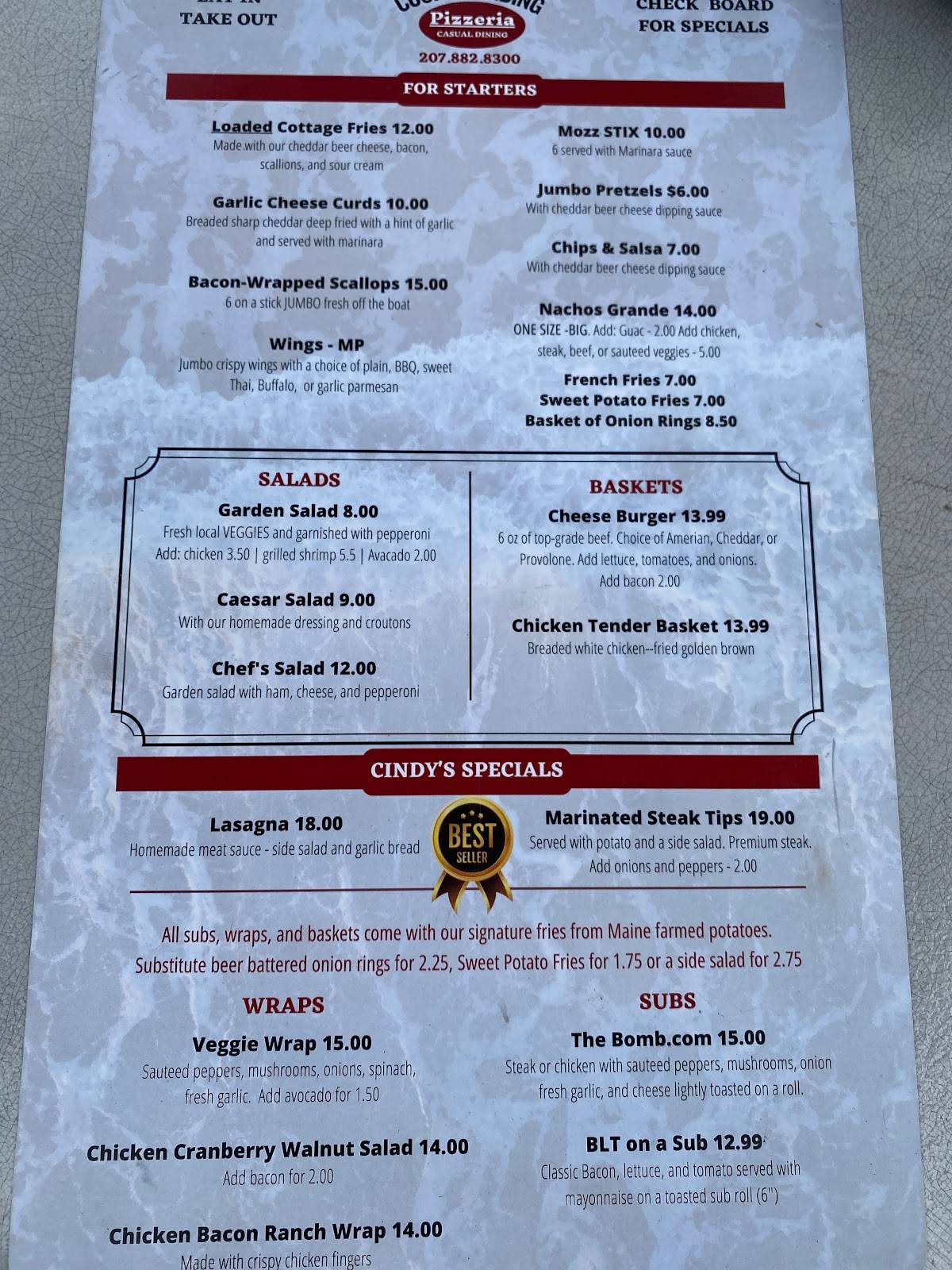 Menu at Cook's Landing Pizzeria & Pub, Edgecomb