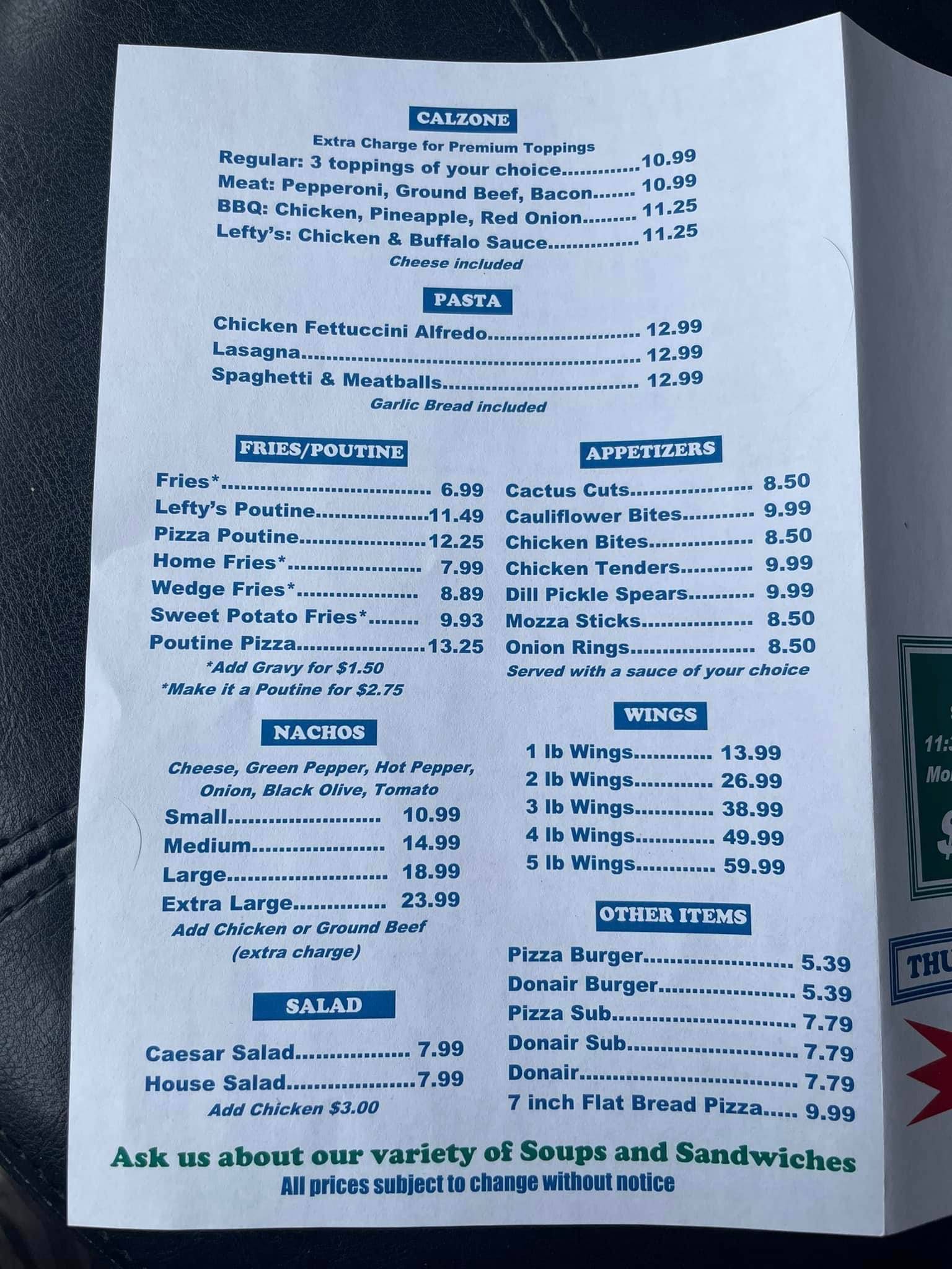 Menu at Lefty's Pizzeria & Lounge, Grand Falls-Windsor