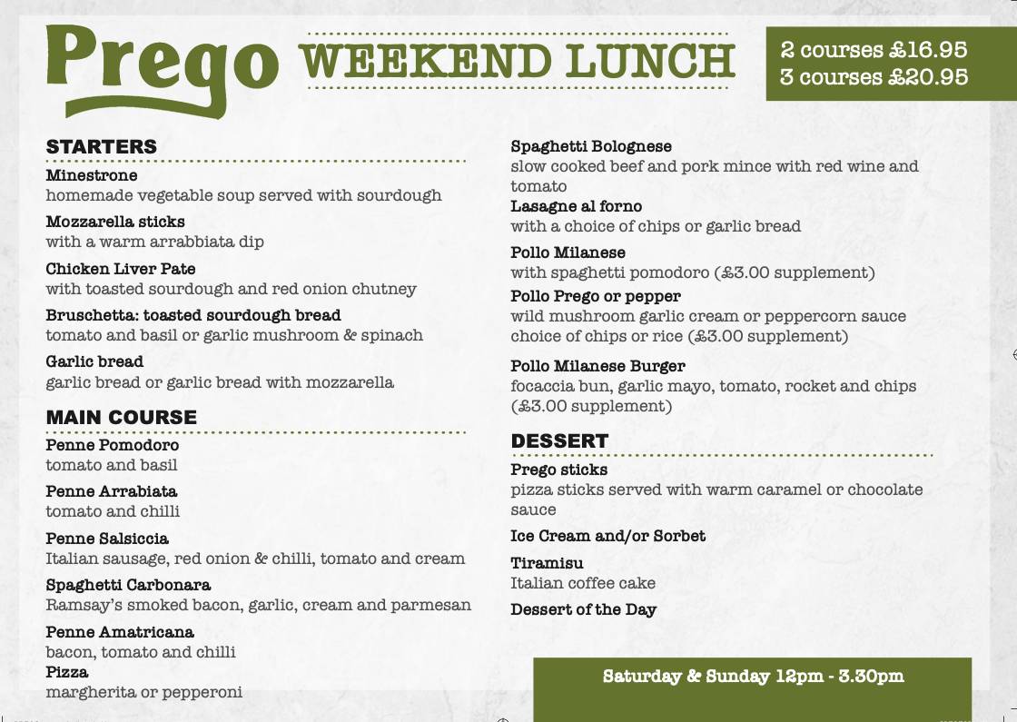 Menu at Prego Restaurant Carluke, Carluke