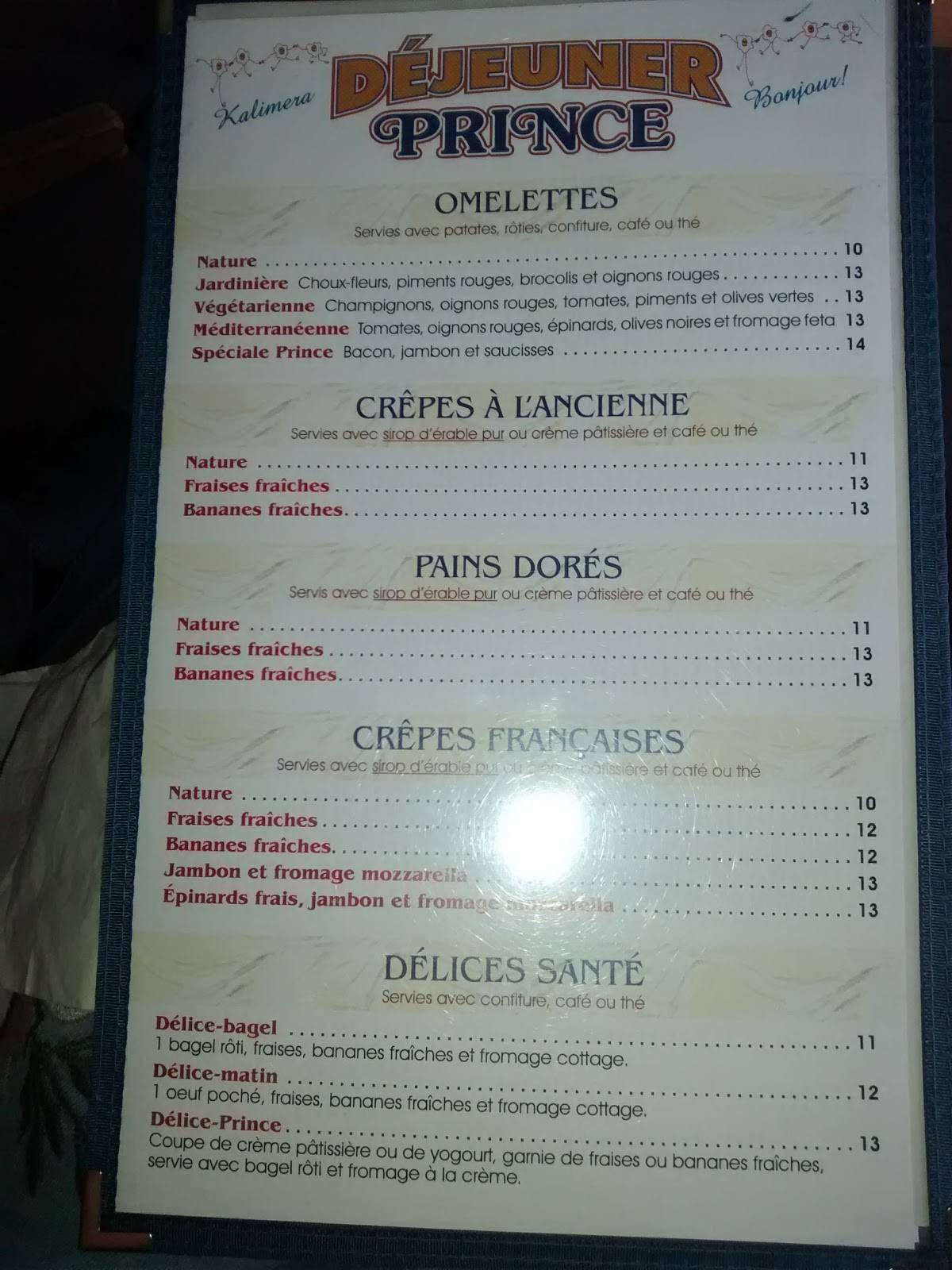Menu au Prince Pizzeria, Sorel-Tracy