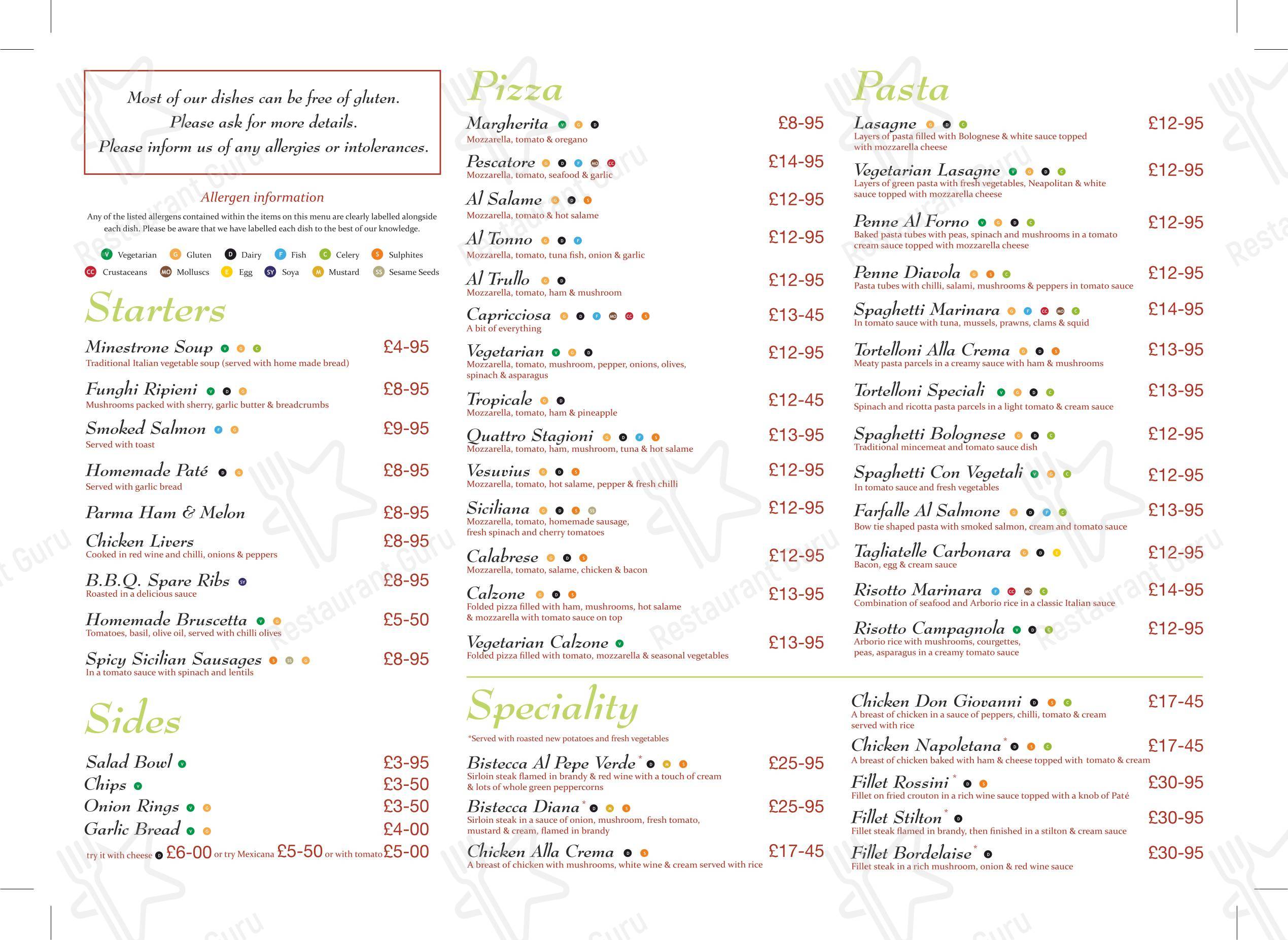 Menu at Rico's Restaurant Ltd, Poulton-le-Fylde