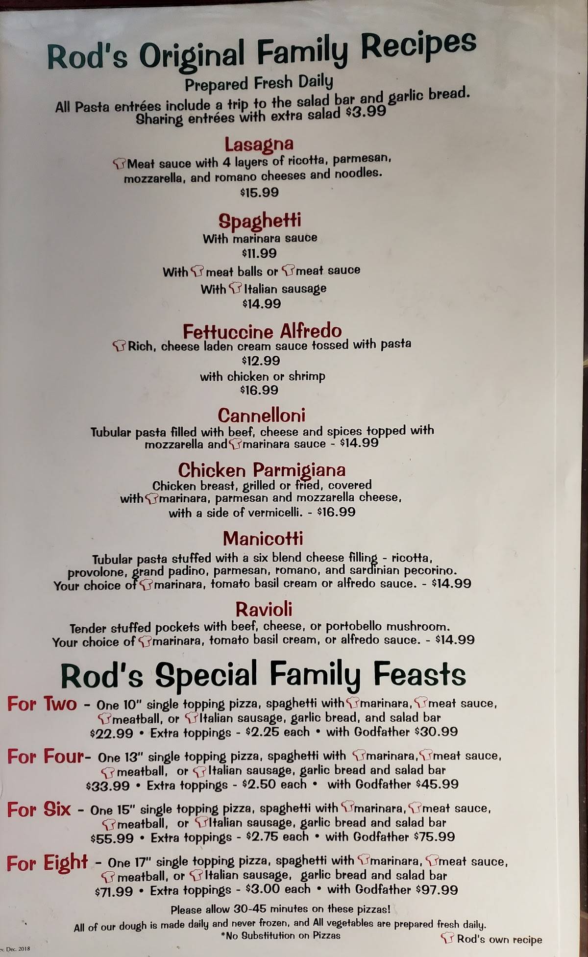 Menu at Rod's Pizza Cellar pizzeria, Hot Springs