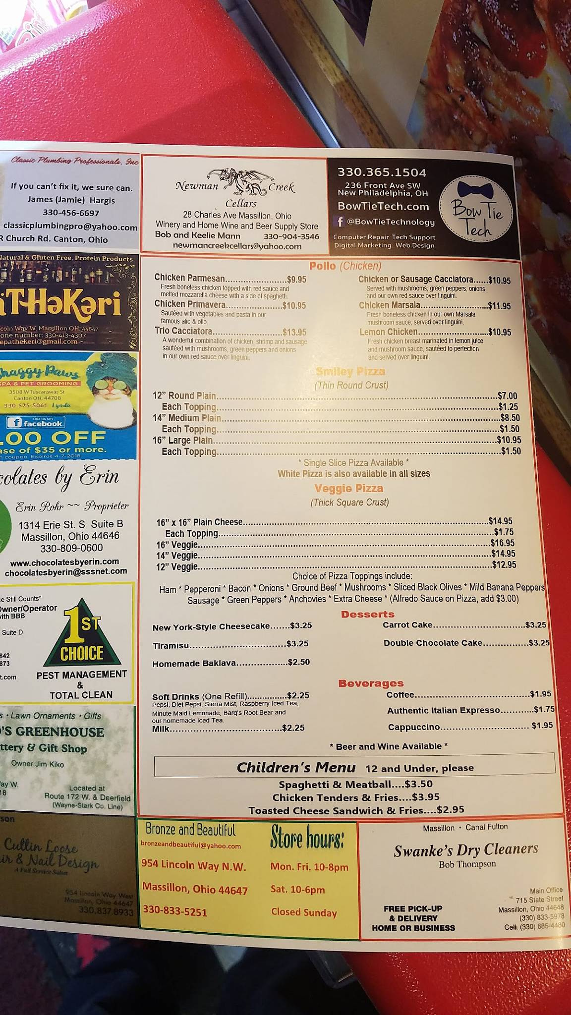 Menu at Smiley's pizzeria, Massillon