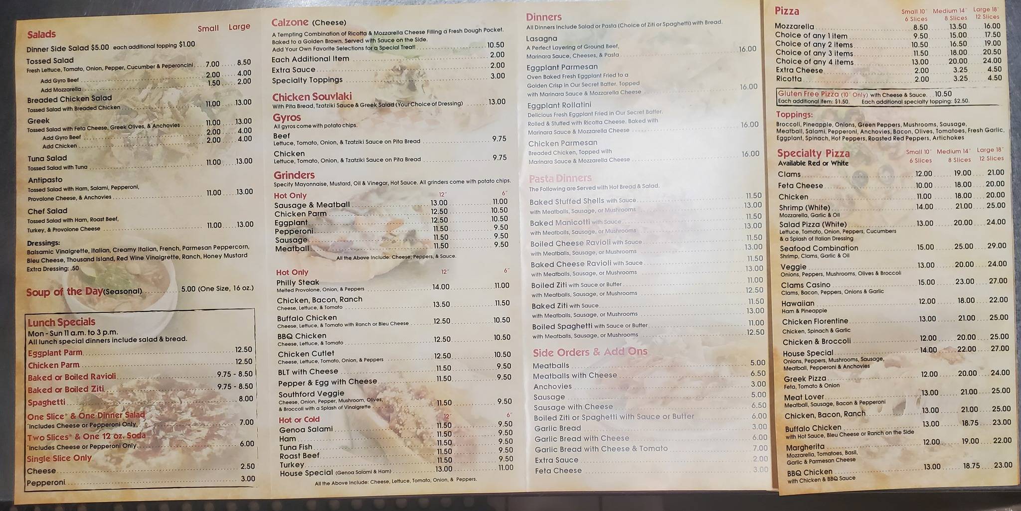 Menu at Southford Pizza pizzeria, Southbury, Southford Rd #8