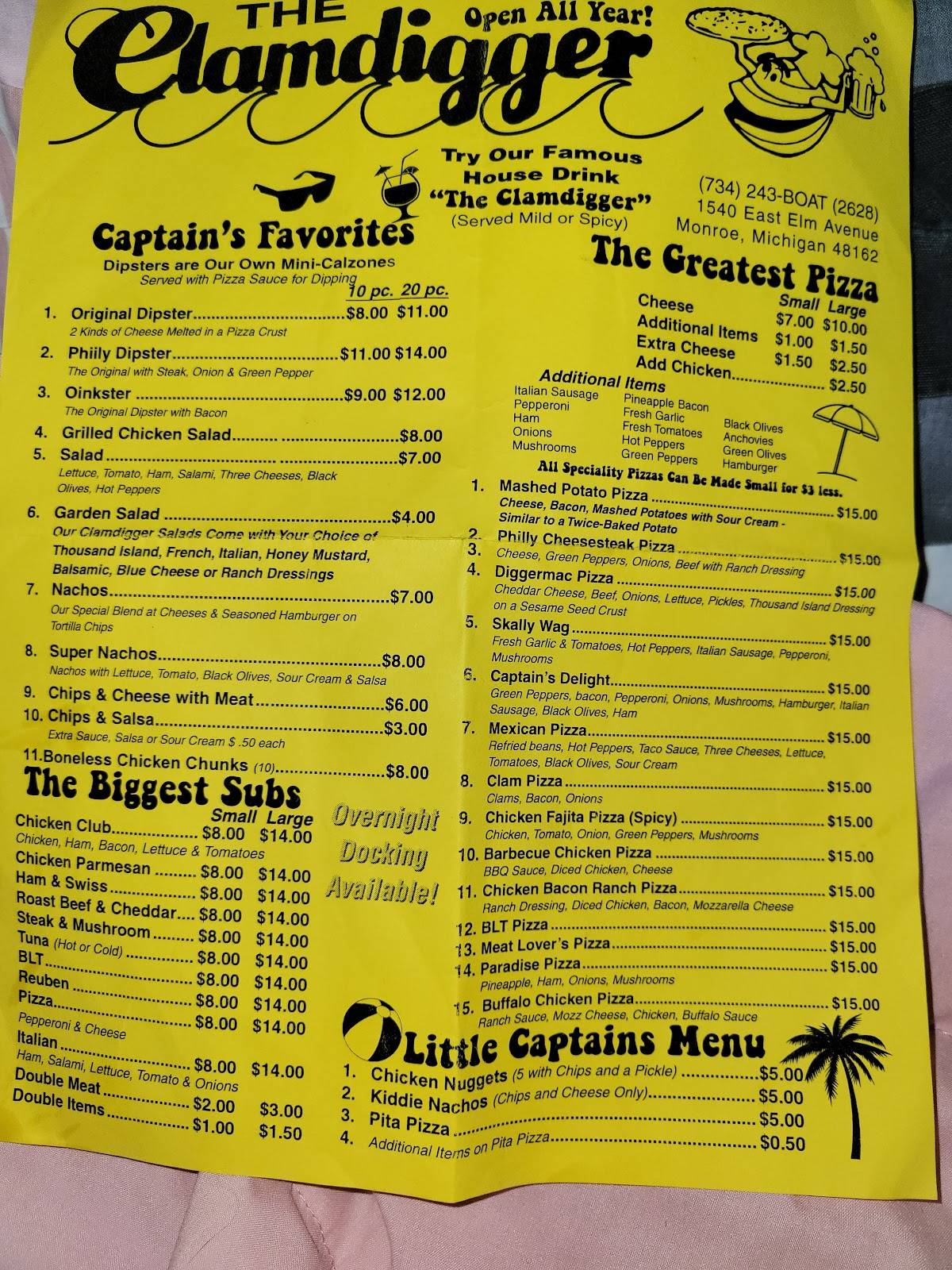 Menu at The Clamdigger pizzeria, Monroe