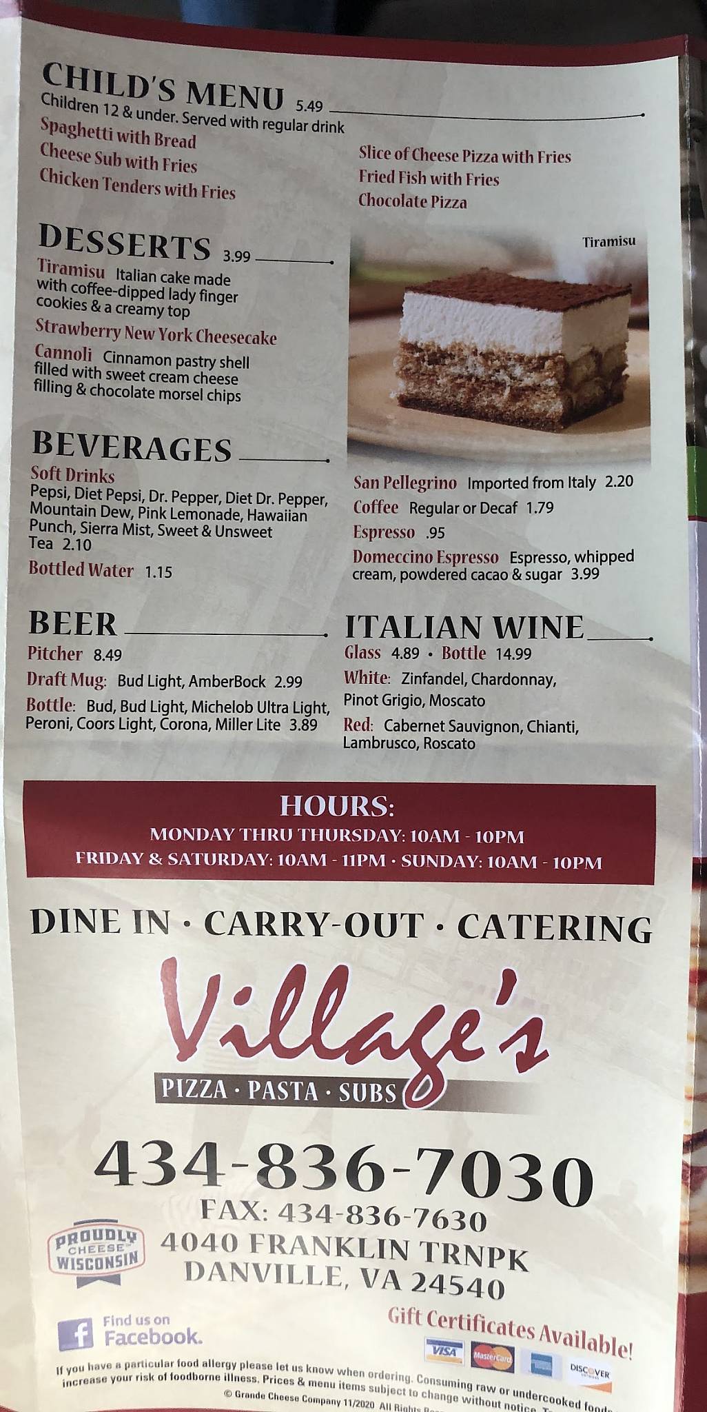 Menu at Village's Pizza pizzeria, Danville