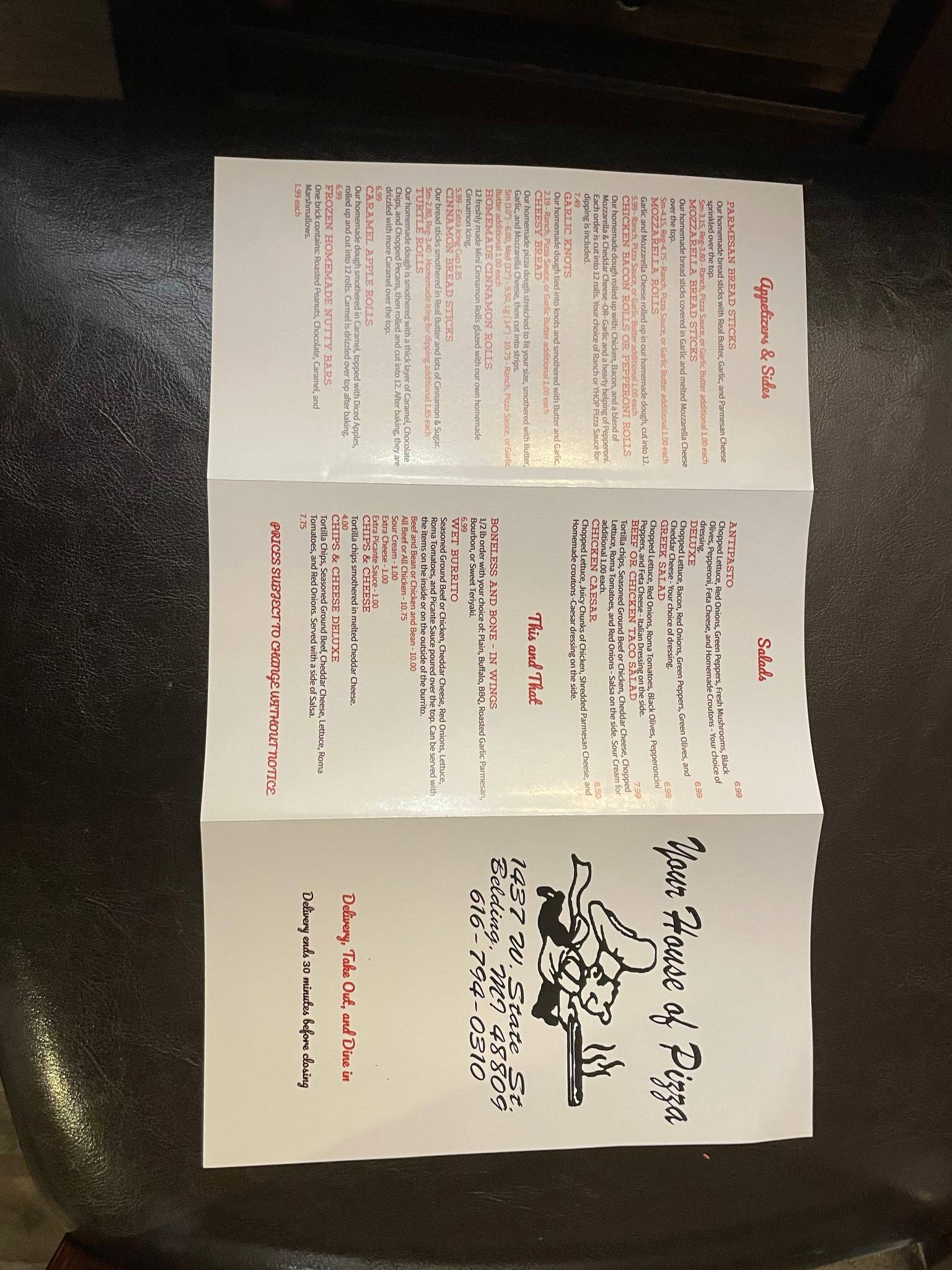 Menu at Your House of Pizza pizzeria, Belding