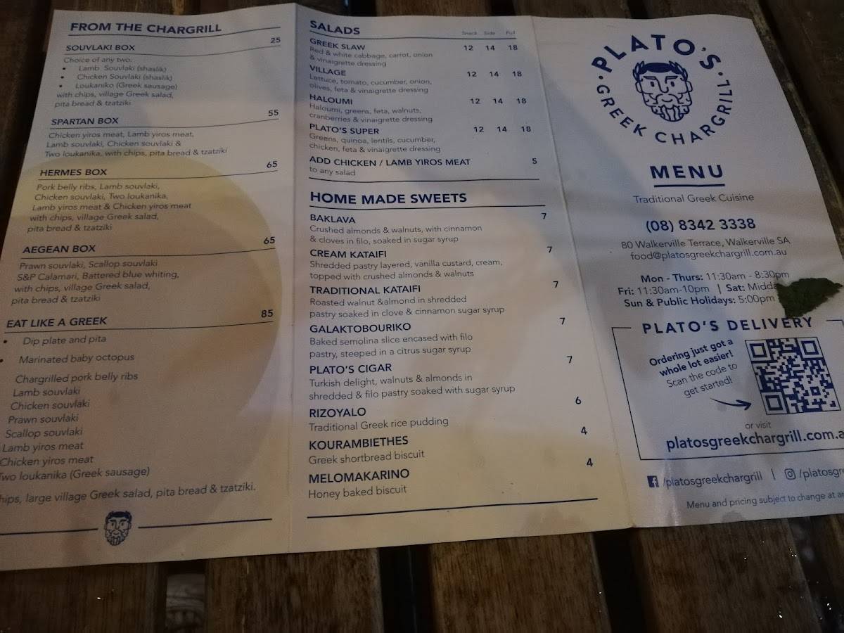 Menu at Platos Greek Chargrill restaurant, Walkerville