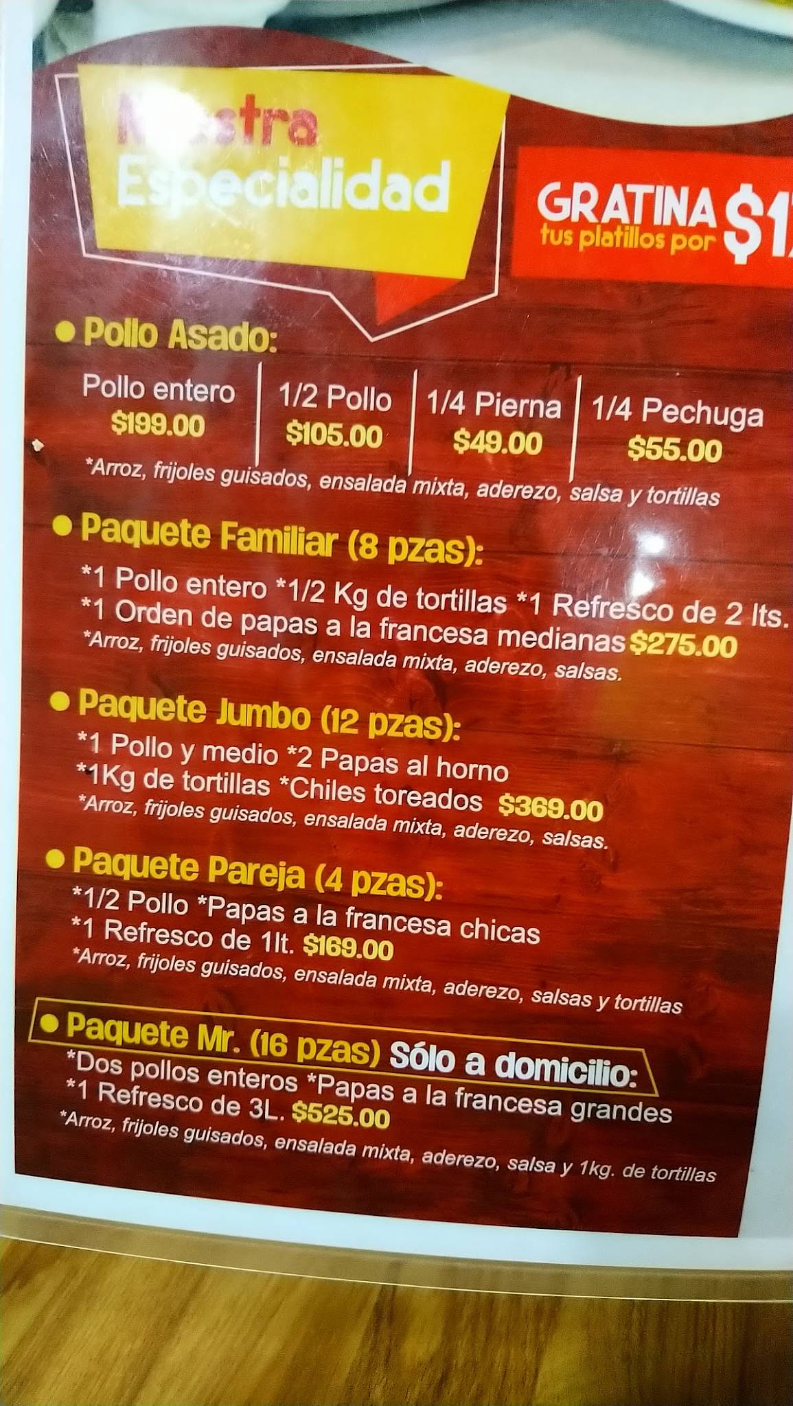 Carta del restaurante Pollo Caliente, Acapulco, Plaza Navegantes