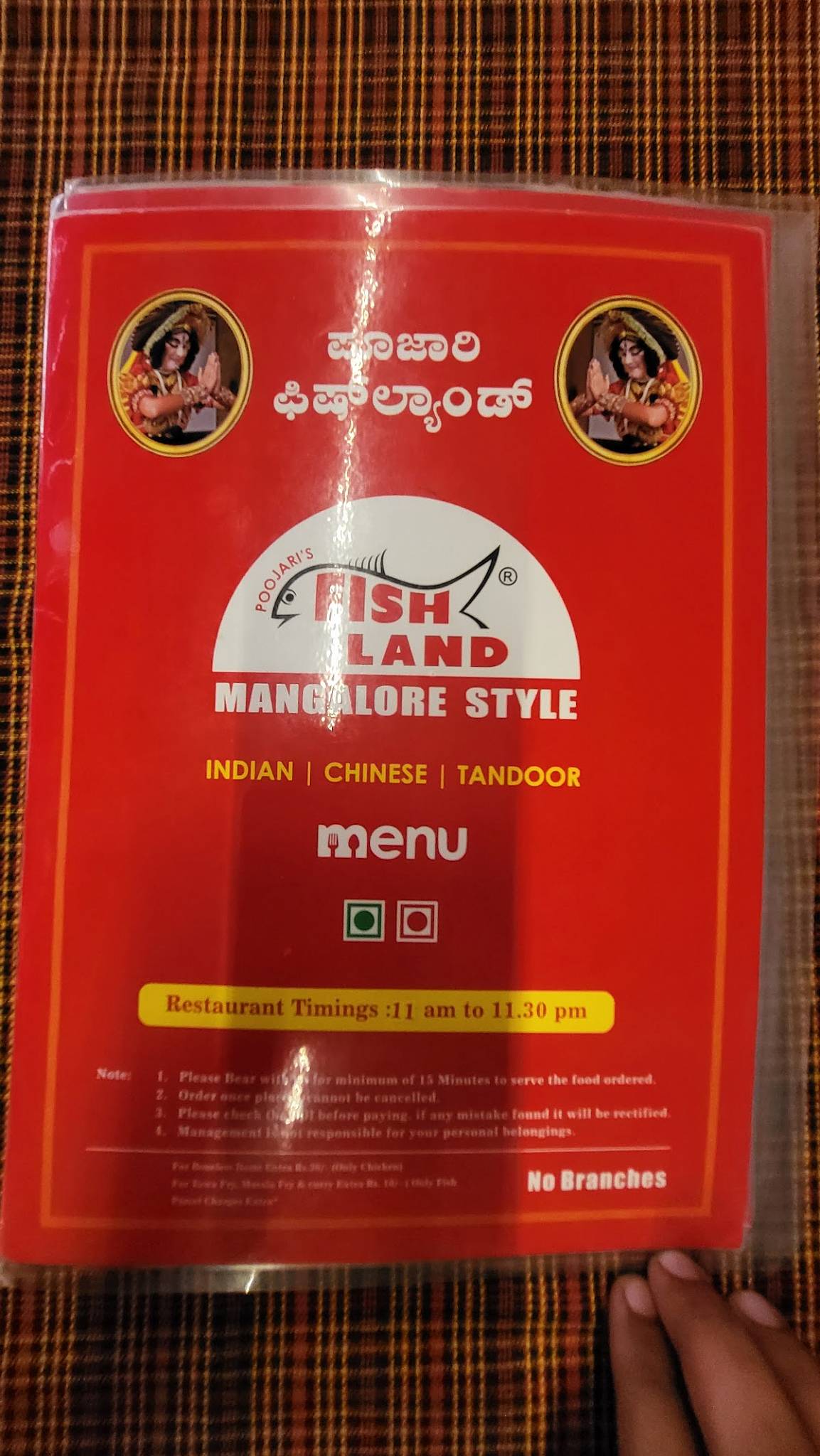 Menu at Poojari Fish Land, Mysuru