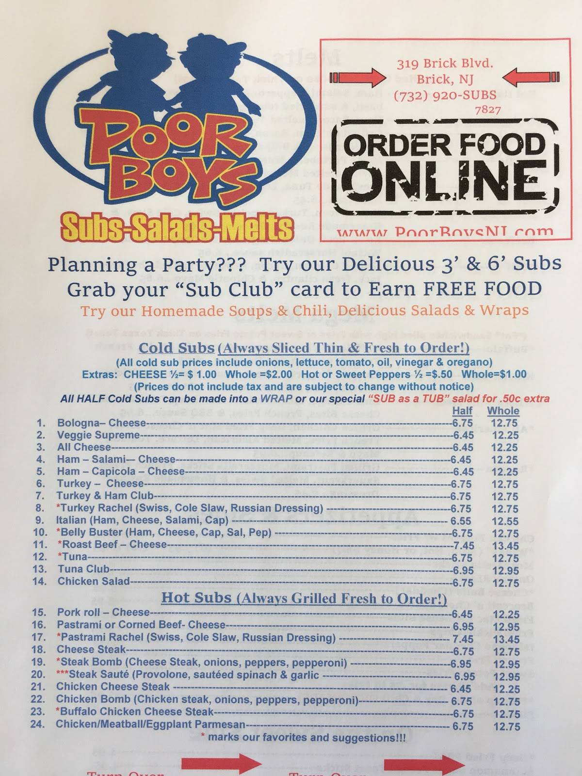 Menu at Poor Boys Subs Salads & Melts cafe, Brick