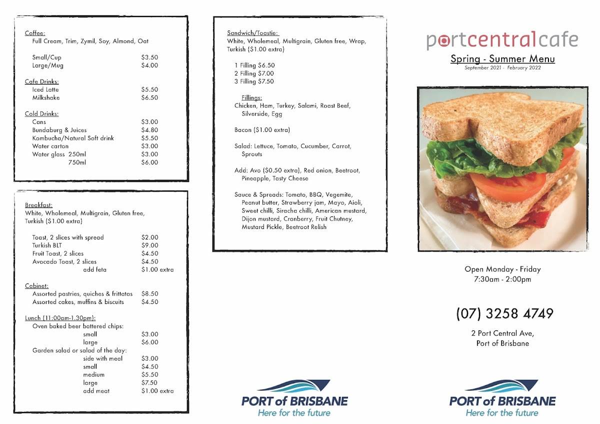 Menu at Port Central Cafe, Port Of Brisbane