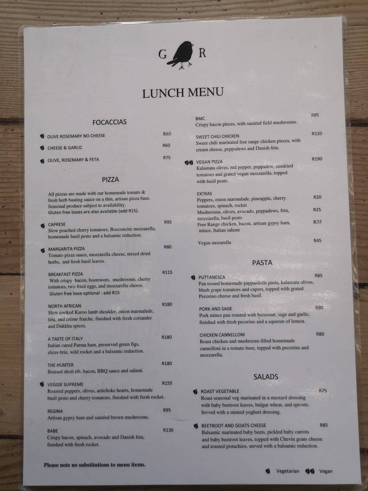 Menu at Grass Roof restaurant, Port Elizabeth