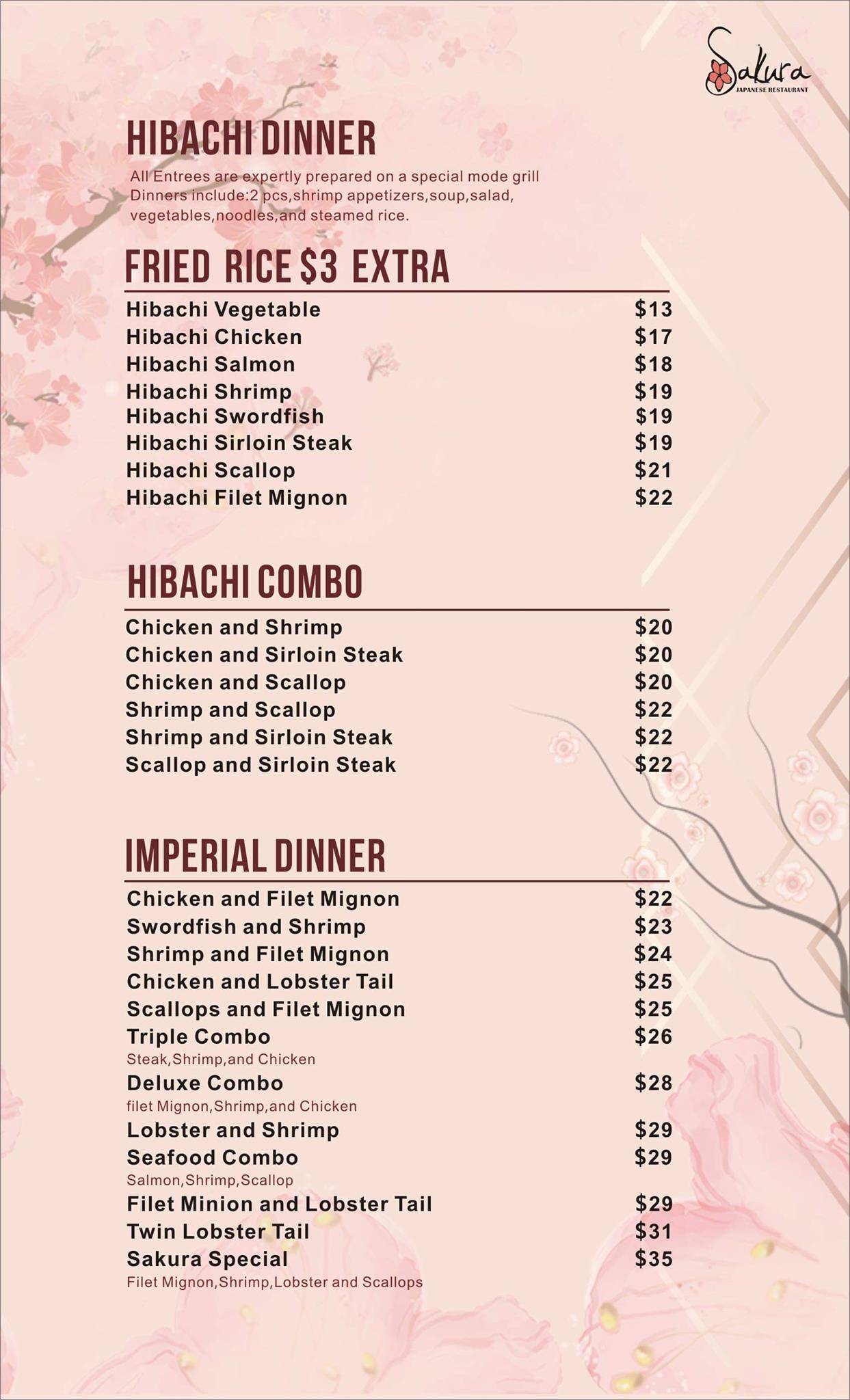 Menu at Sakura Hibachi restaurant, Wheelersburg
