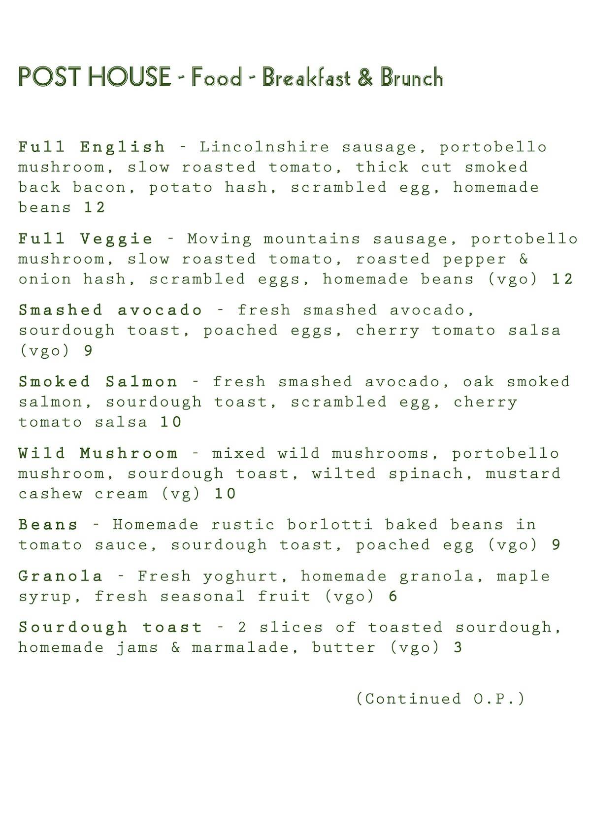 Menu at Post House Cafe Brighton, Brighton