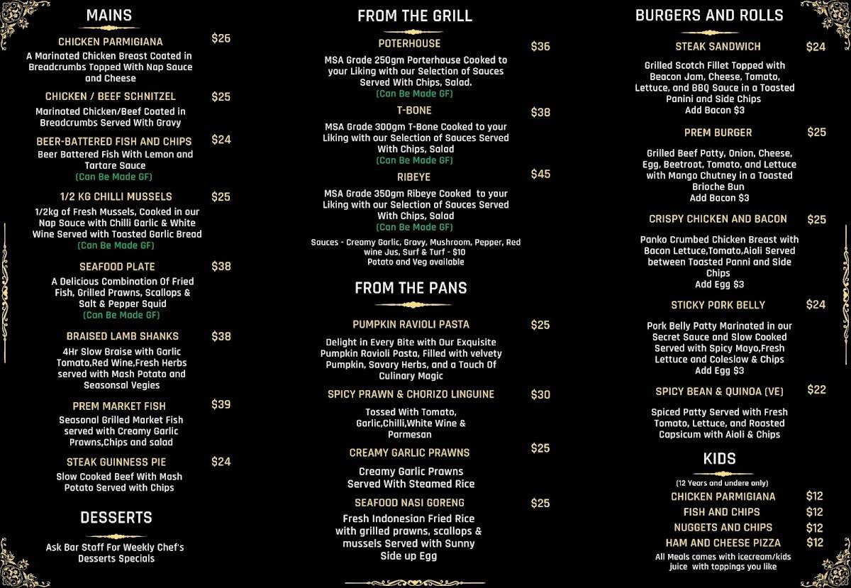 Menu at Premier Hotel Pinjarra pub & bar, Pinjarra