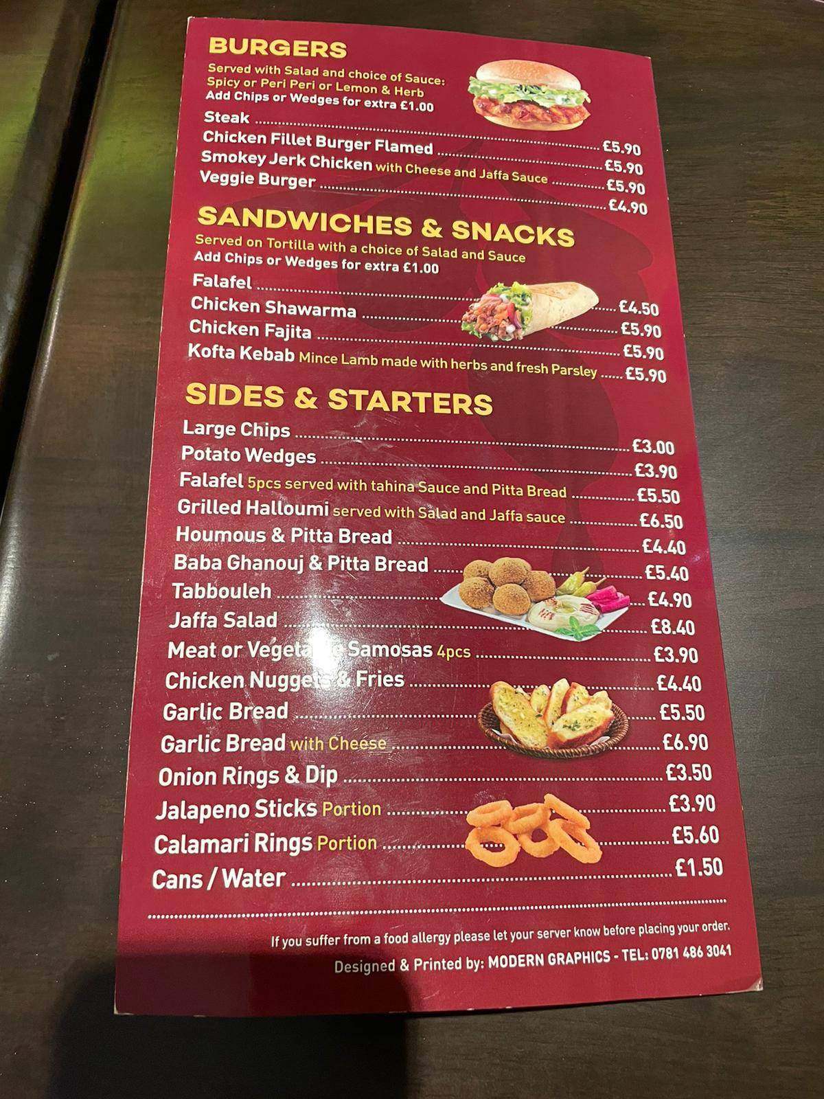 Menu at Jaffa restaurant, Preston