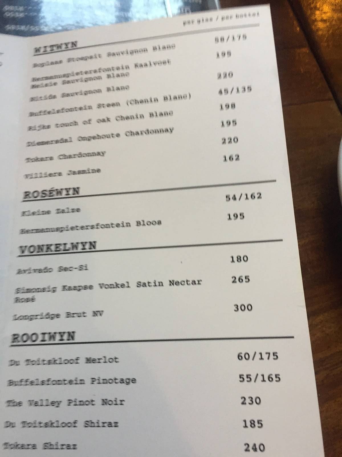 Menu at Buffelsfontein Beesboerdery restaurant, Pretoria
