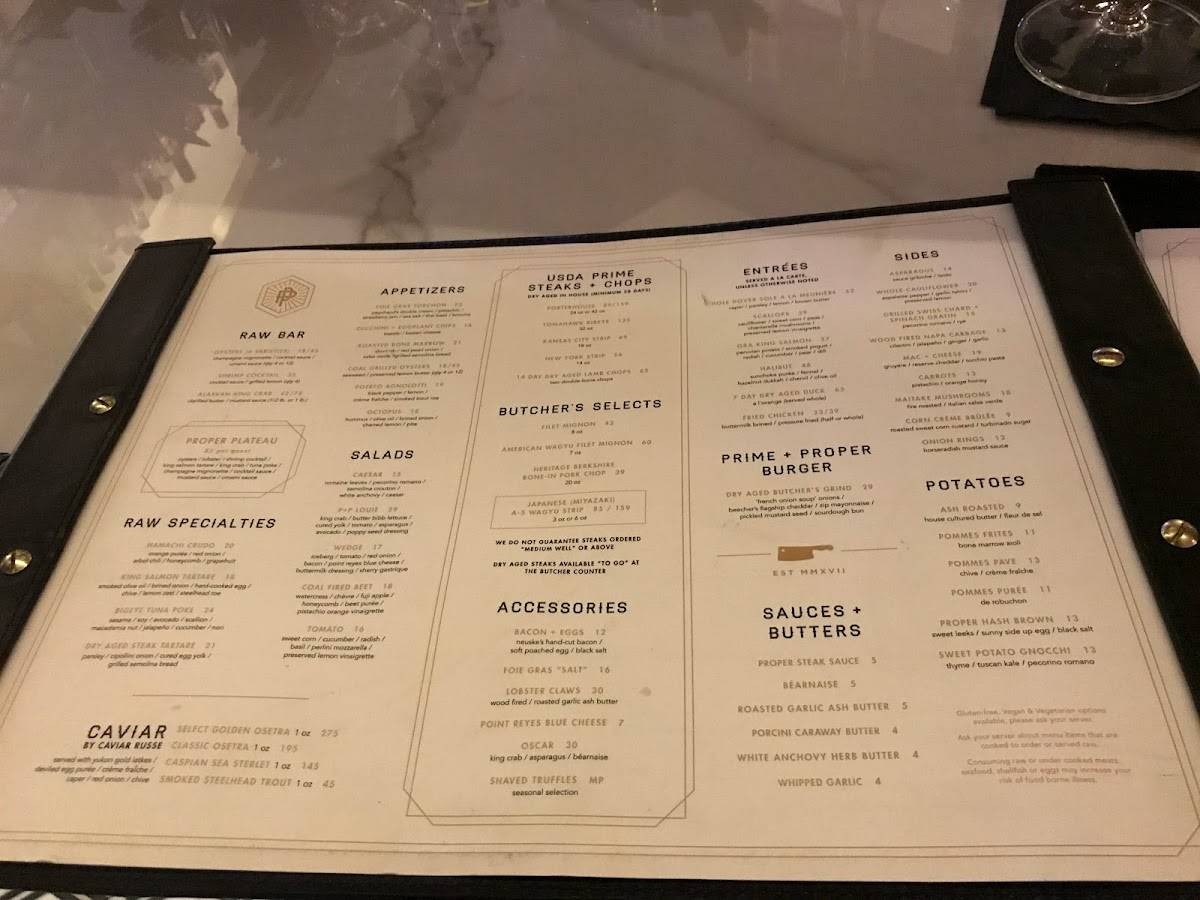 Menu at Prime + Proper steakhouse, Detroit